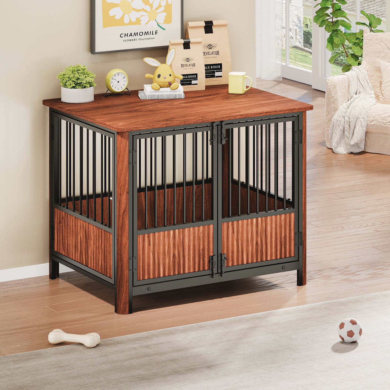 31.5'' Walnut Fluted Wood Furniture Style Dog Crate for small & Medium ...