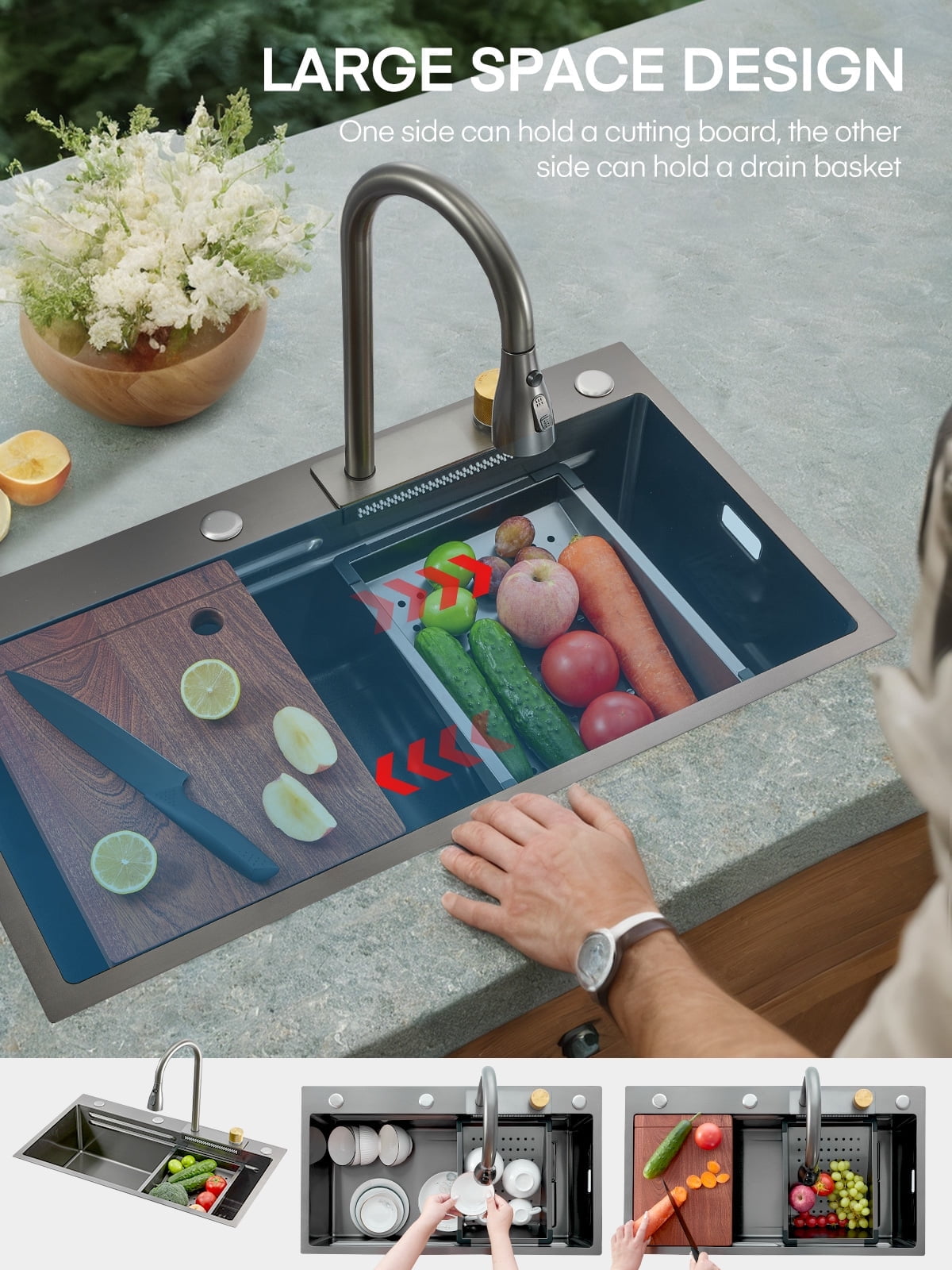 31.5" Waterfall Stainless Steel Kitchen Sink Set with Pull-Down Dual ...