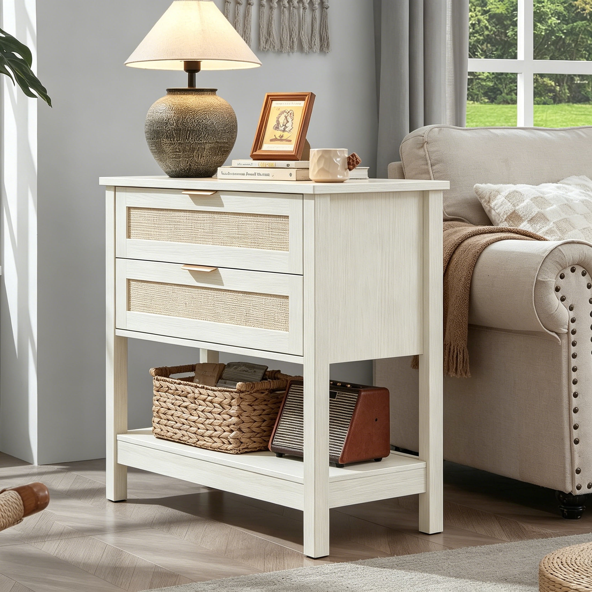 31.5" Wide Rattan Night Stand, Oversized Large Boho Nightstand with 2 ...