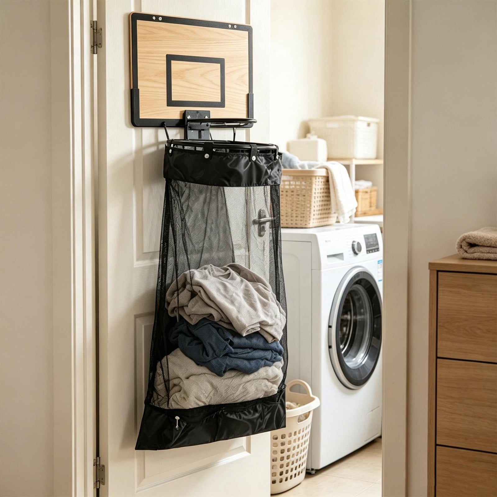 31.5'' Wooden Basketball Laundry Hamper, Over the Door Hanging ...