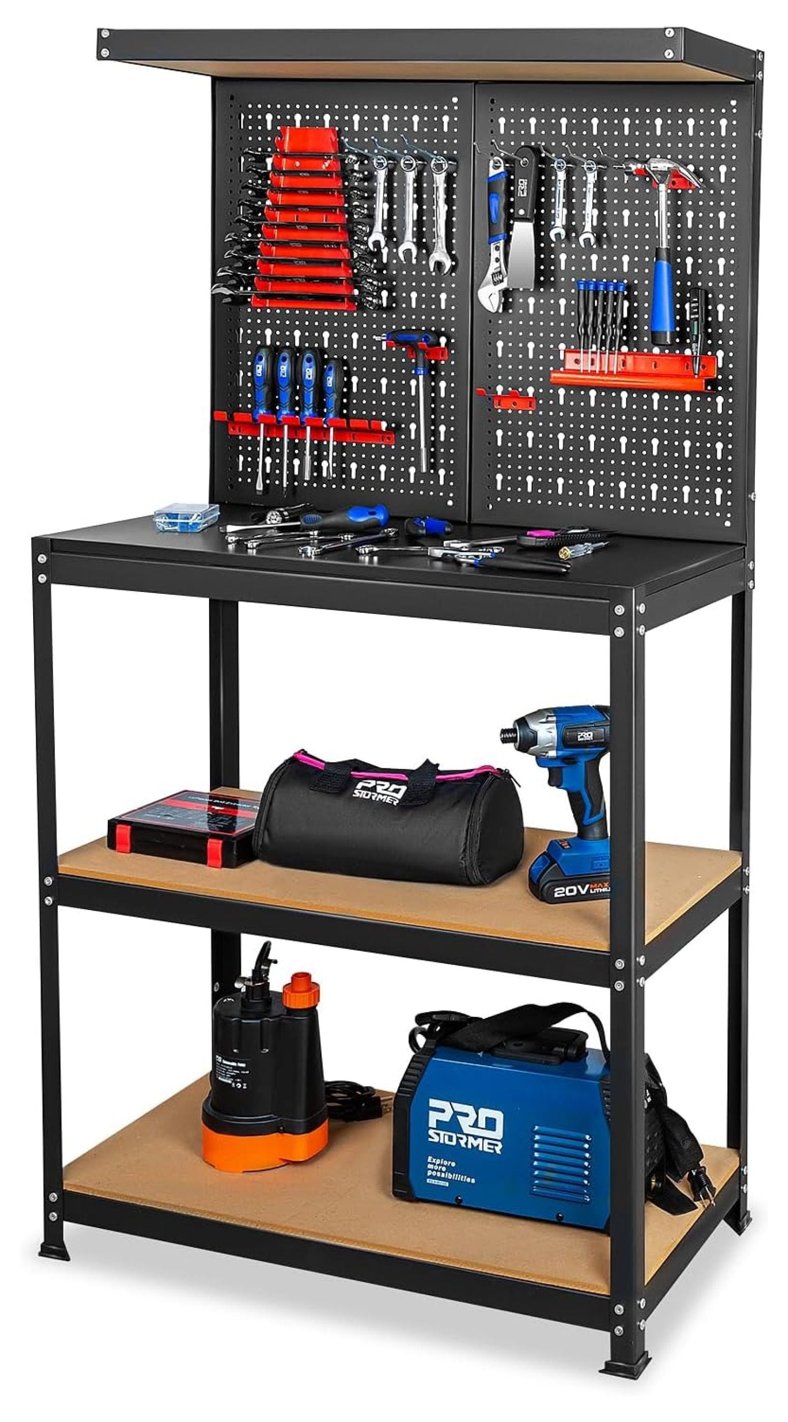 31.5”Workbench, Heavy-Duty Steel Tool Workbench with Pegboard Shelves ...
