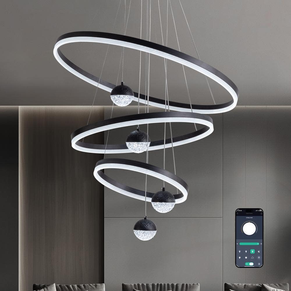 31.5 in. 7-Light Modern Black Integrated LED Chandelier 3-Tier Pendant ...