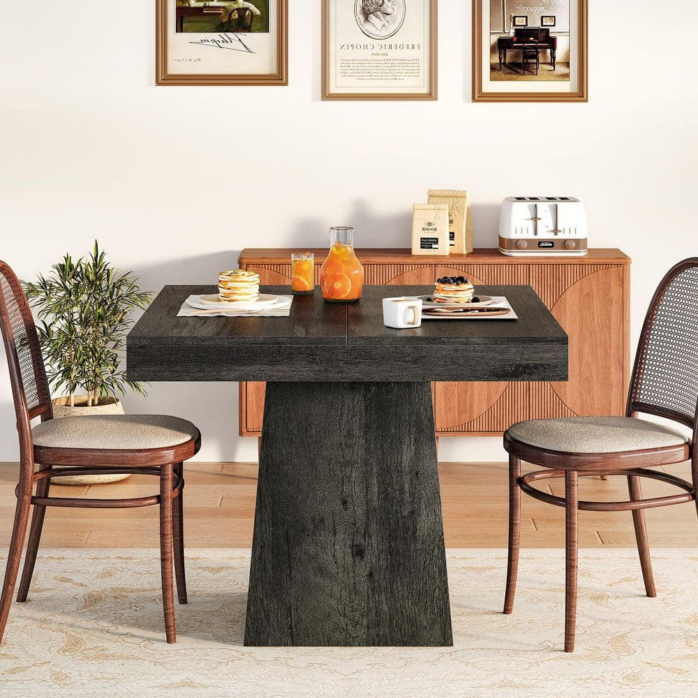 31.5 in. Farmhouse Gray Wood Pedestal Dining Table for 4, Square Dinner ...