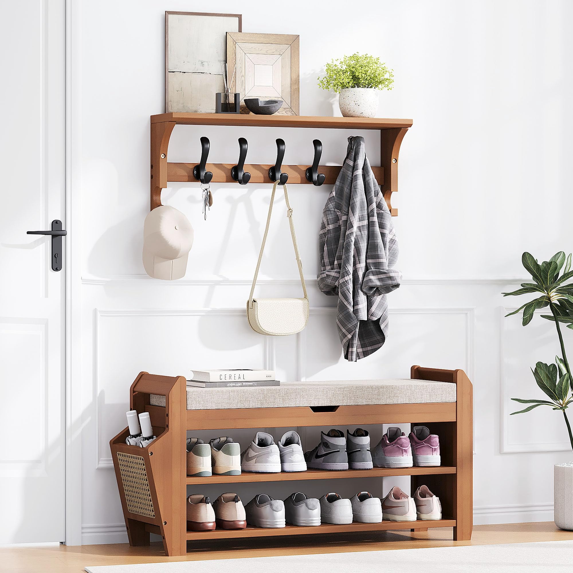 31.5\" with Hook 31.5 Bamboo Entryway Bench with Hook Rack, 3-Tier Shoe ...