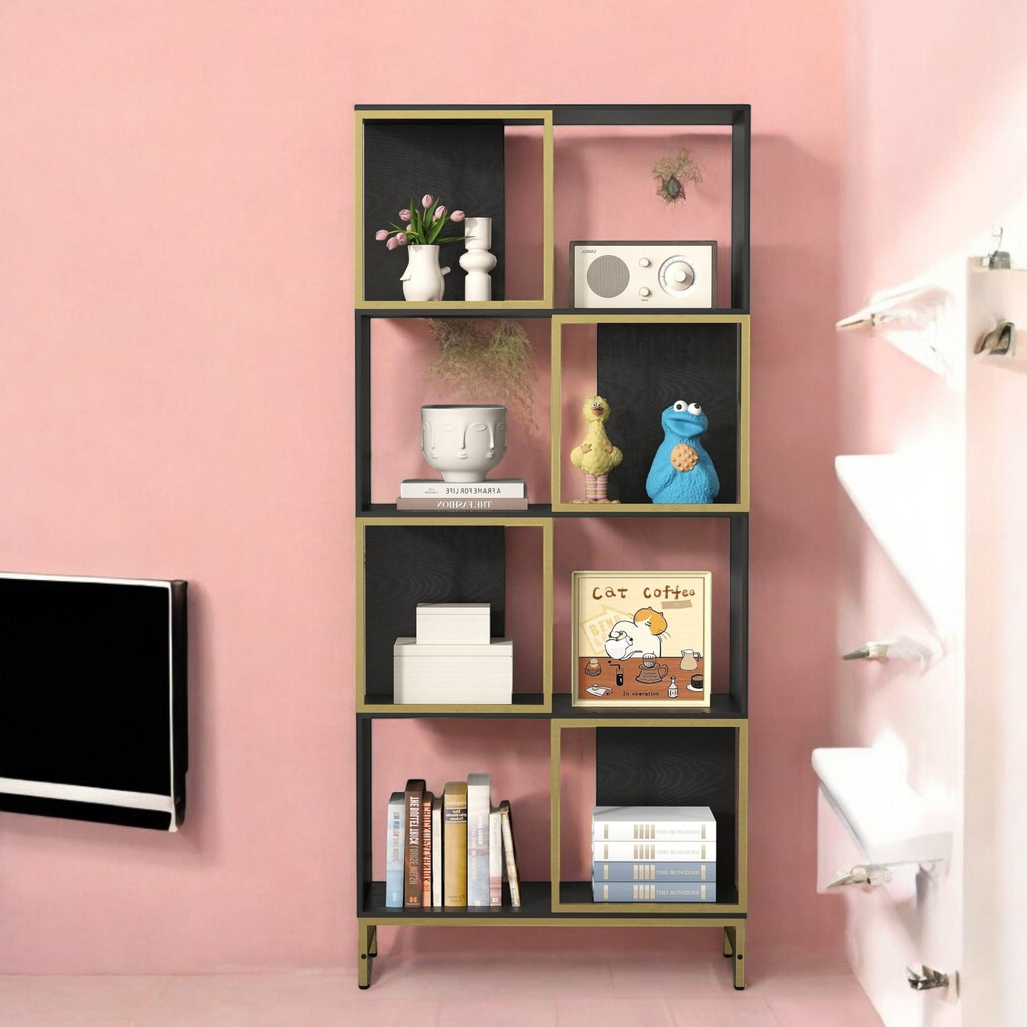 31.50 Inch Modern Geometric Open Shelf Bookcase with Gold Accents-Black ...