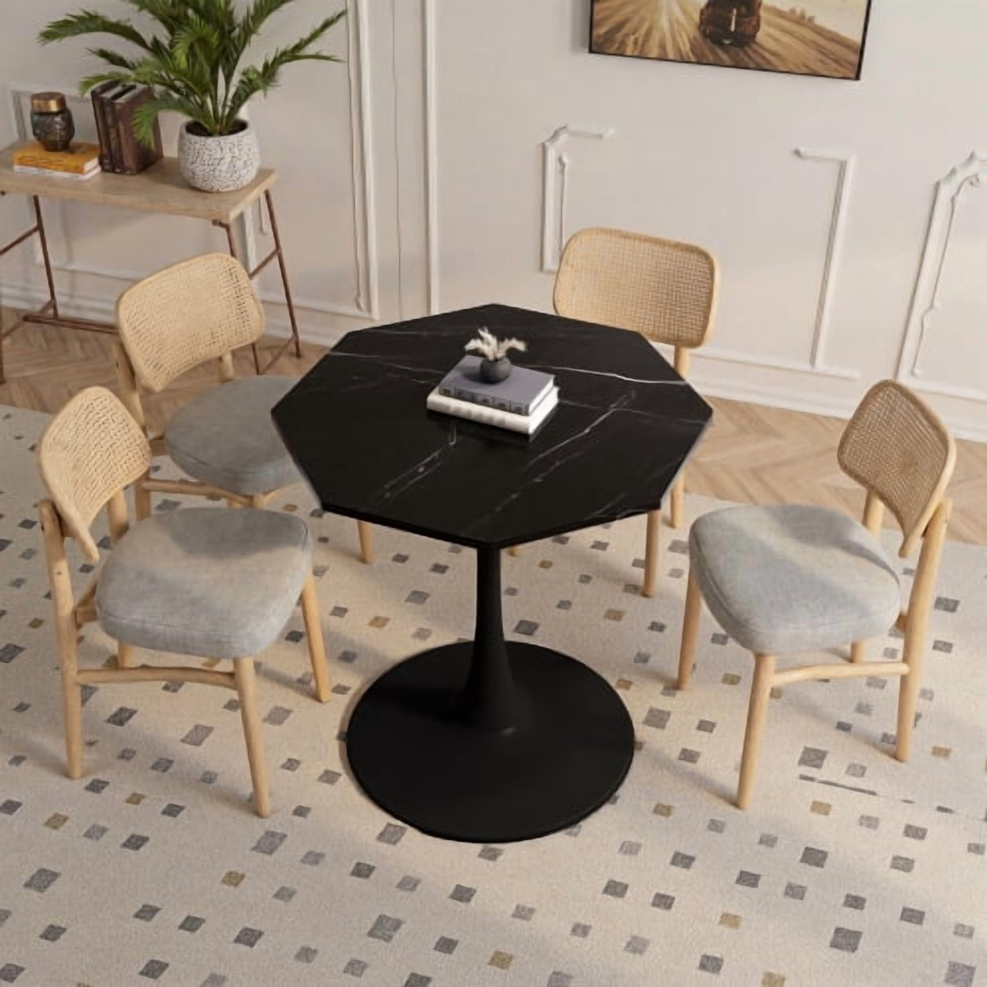 31.50"Modern Octagonal Coffee Table with Printed Black Marble Table Top ...