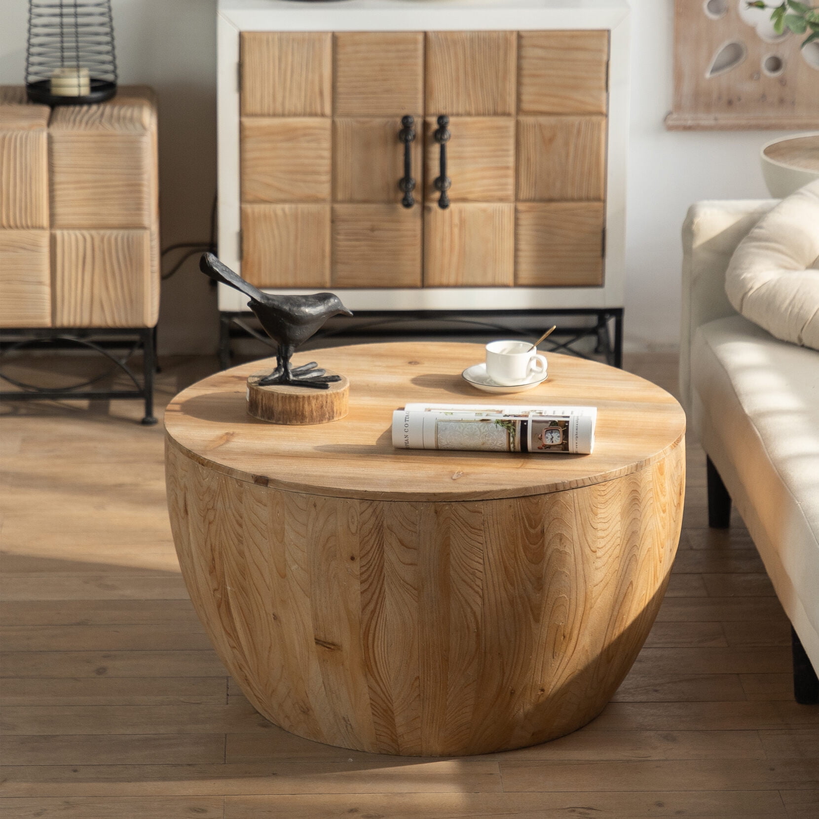 31.50" Round Coffee Table With Storage, Barrel Shaped Coffee Table ...