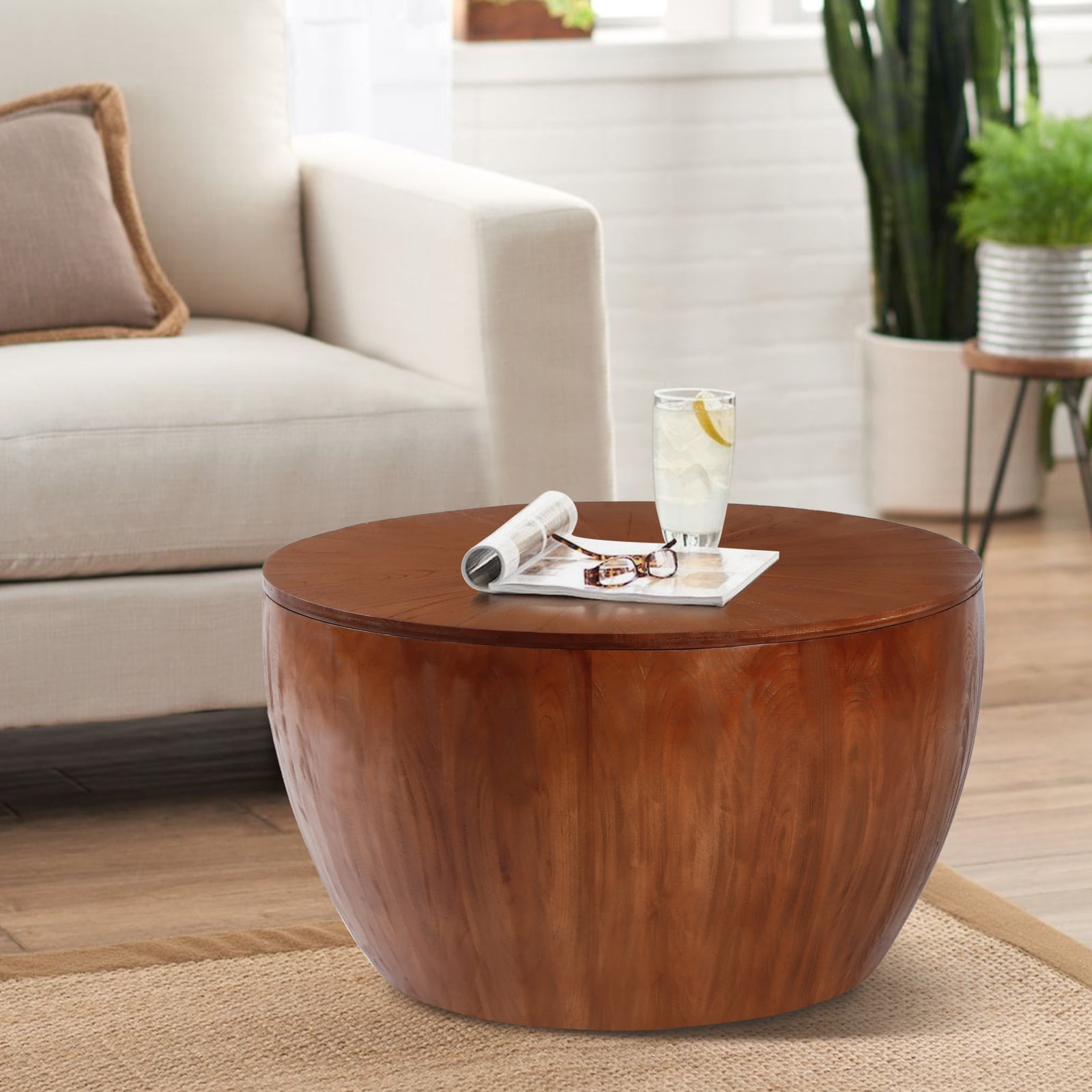 31.50 Vintage Style Bucket Shaped Coffee Table for Office Dining Room and Living Room Brown 19052 Walmart