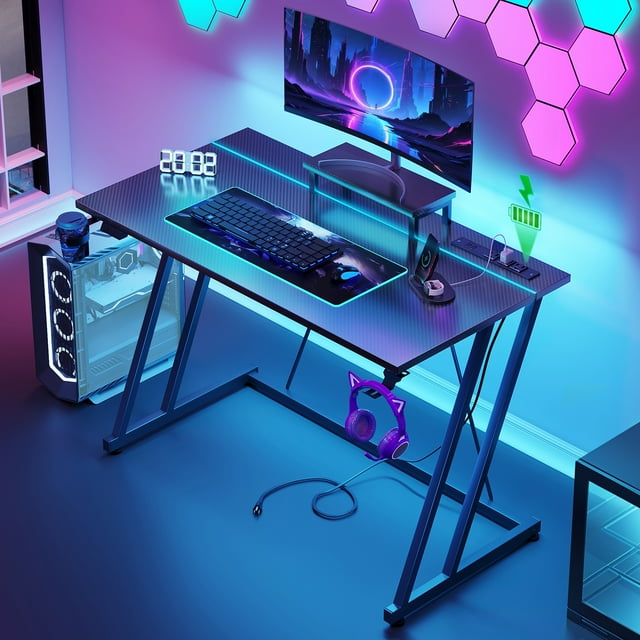 31.5inch Small Gaming Desk with LED Lights & Power Outlet, Computer ...