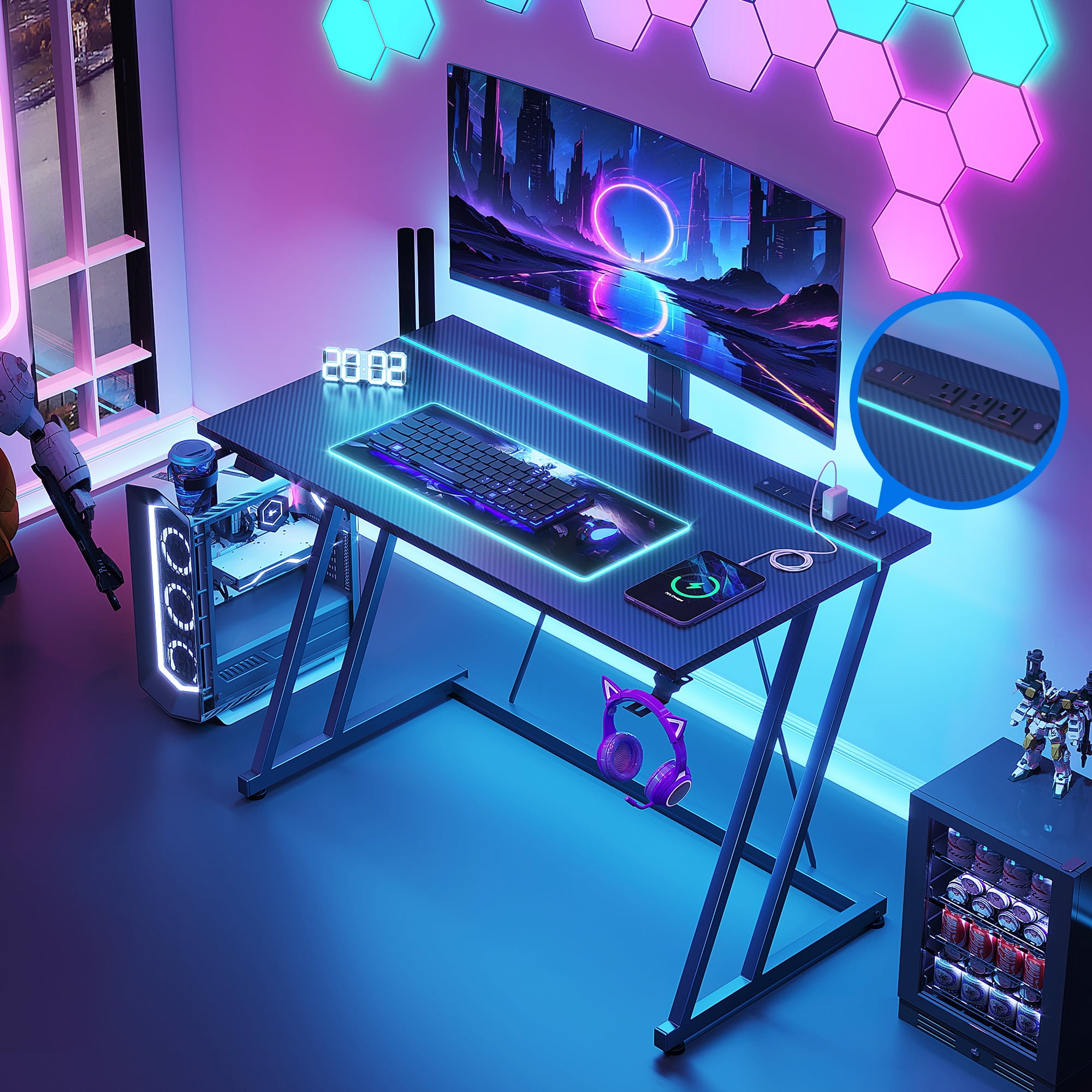 KKL 31.5 inch Small Gaming Desk with LED Lights & Power Outlet ...