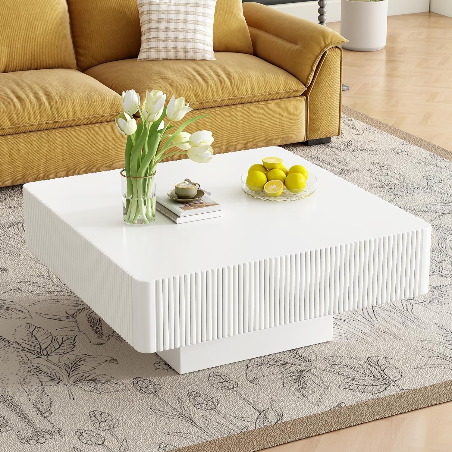 31.6" Square Wood Coffee Table Modern White Coffee Tables for Living ...