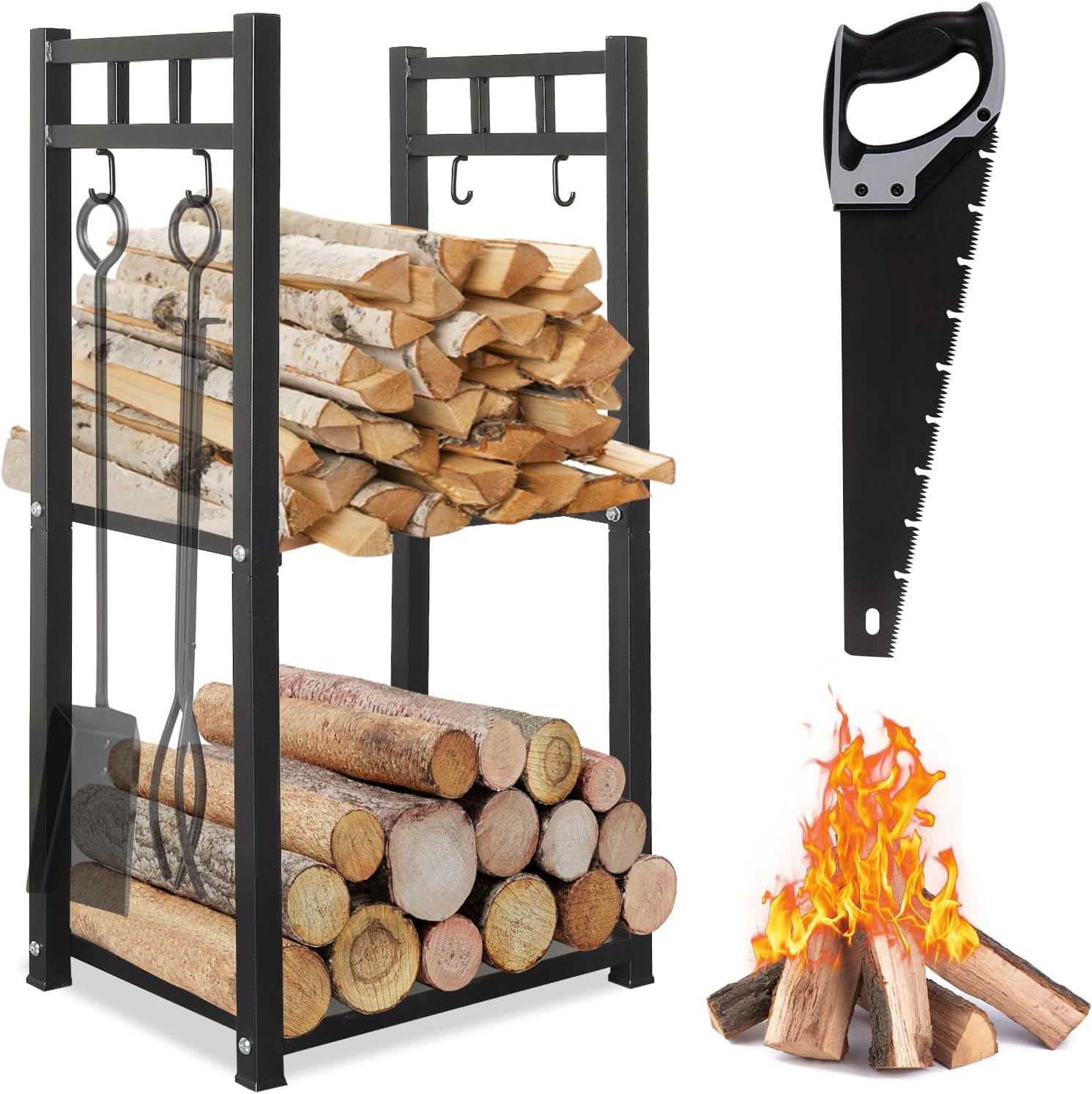 31.6’’ Tall Firewood Rack with Handsaw 2 Tiers Fireplace Storage Log ...