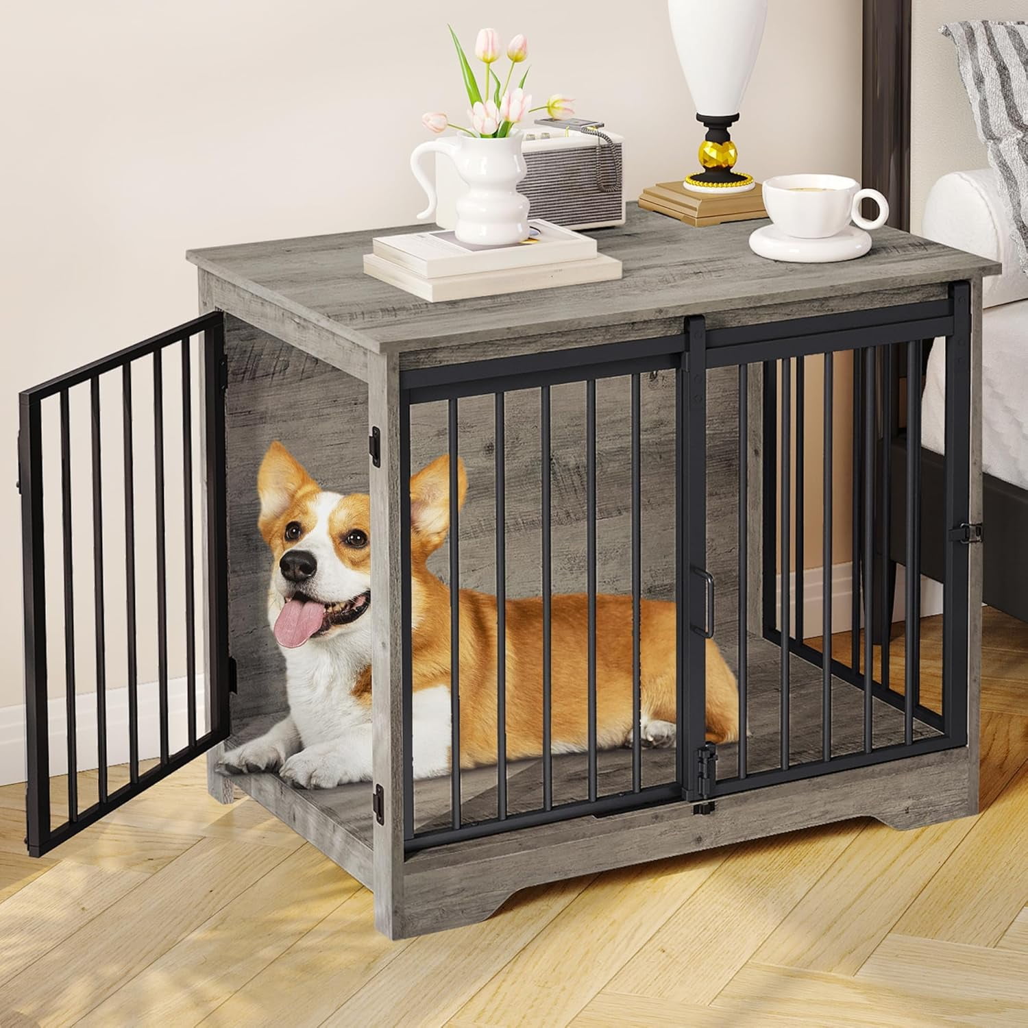 31.9" Dog Crate Furniture with Barn Door, Heavy Duty Dog Kennel Indoor ...