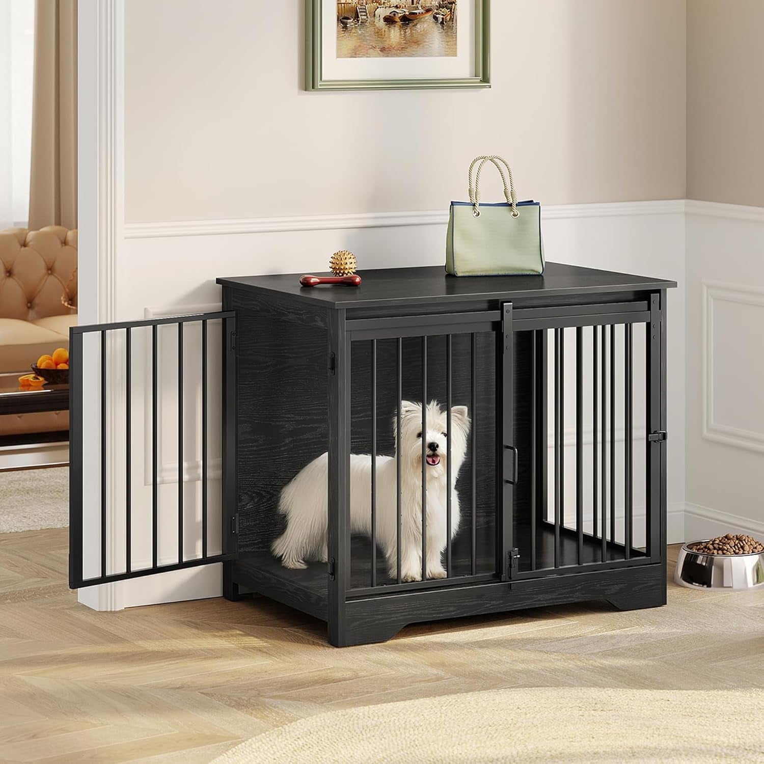 31.9"Dog Crate Furniture with Barn Door,Wooden Pet Cage End Table for ...