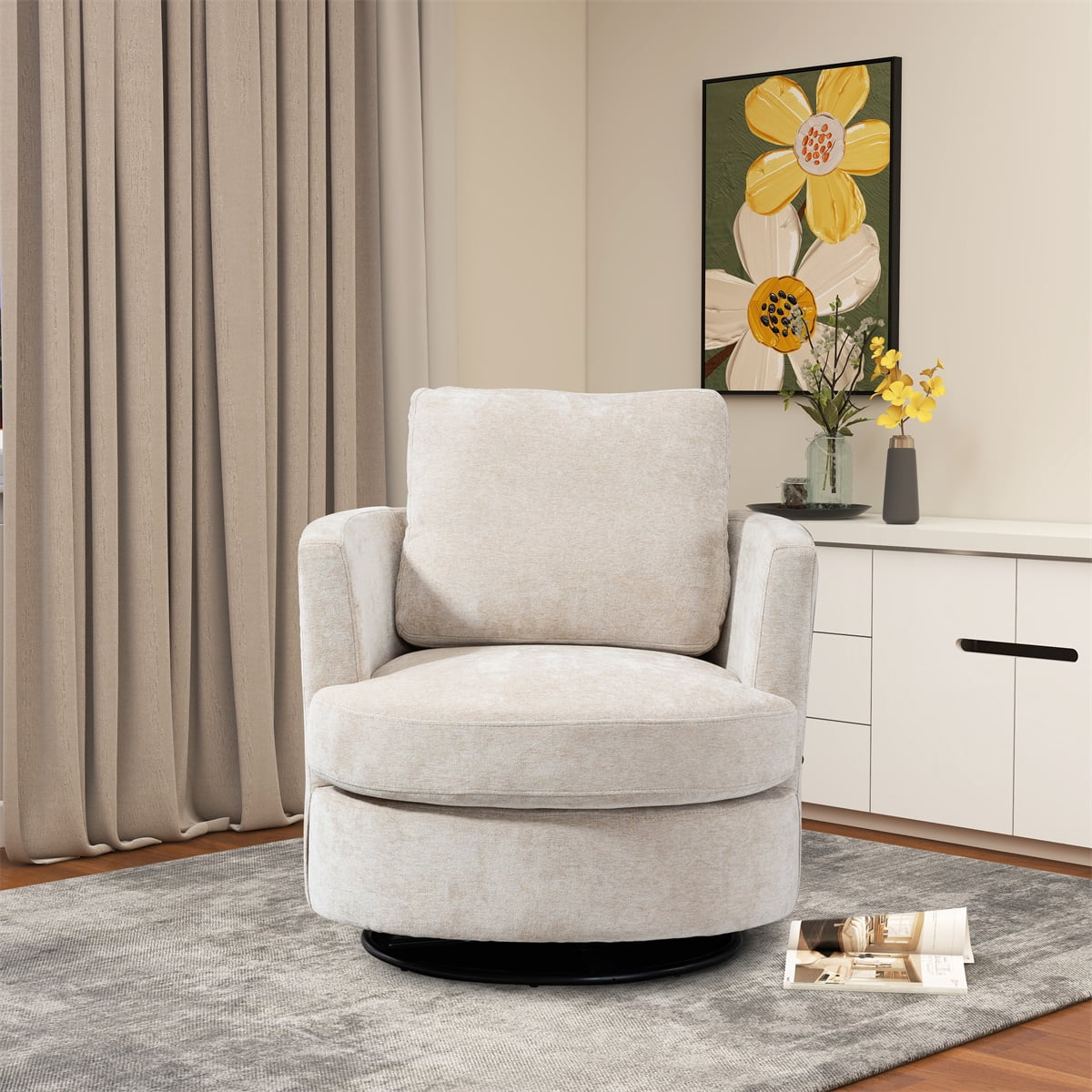 31.9"W Accent Barrel Chair, Comfy Chenille Round Sofa Chair with Pillow ...