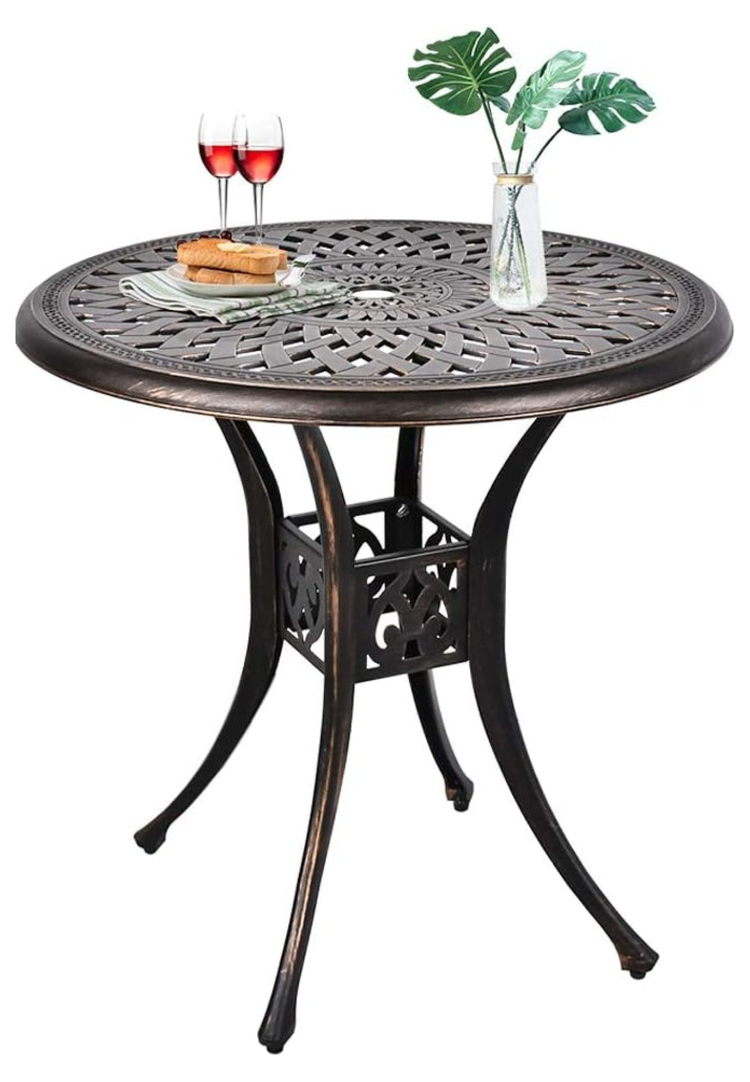 31" Cast Aluminum Patio Bistro Round Dining Table with Umbrella Hole ...