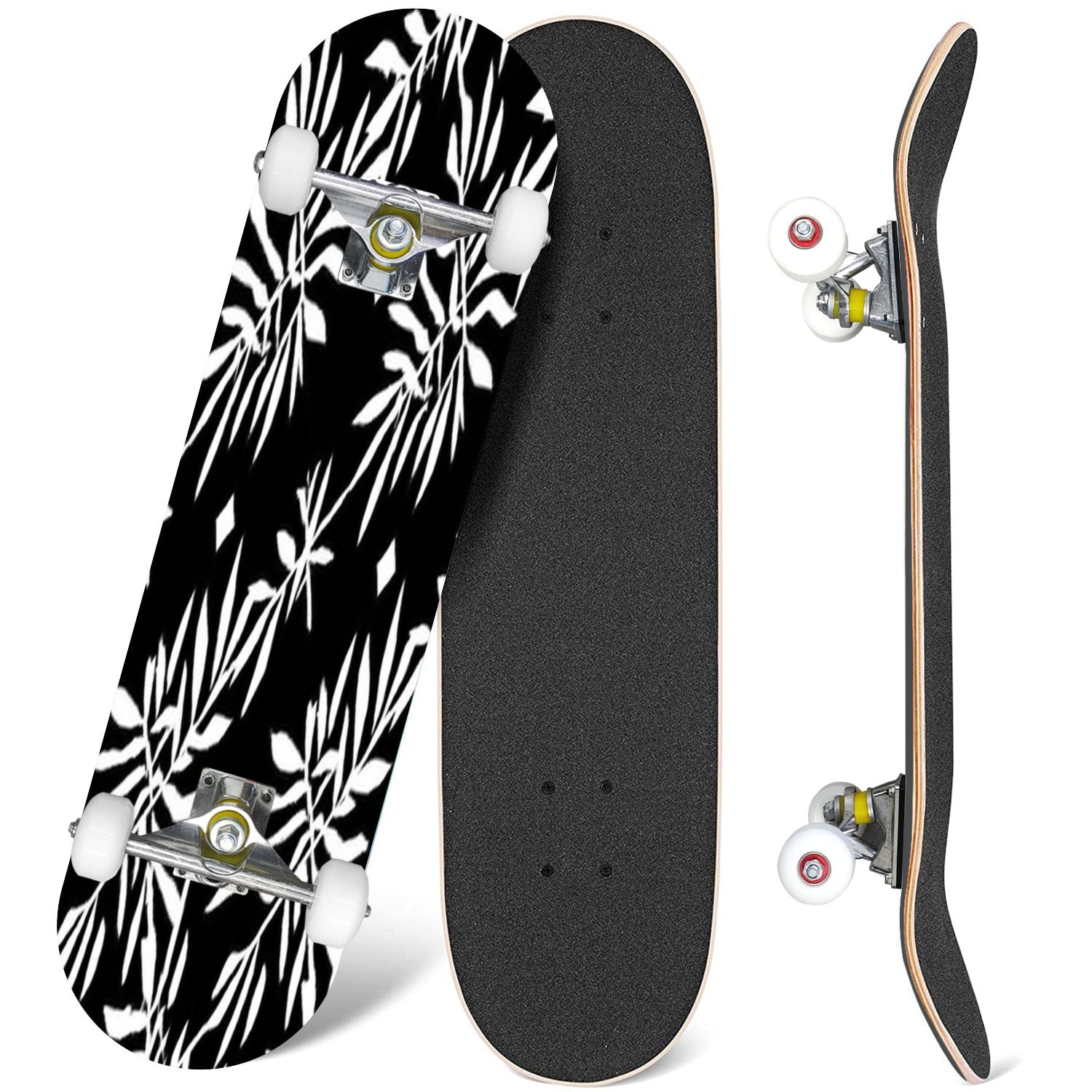 31'' Complete Skateboard 7 Layer Canadian Maple Beginner Skateboard Black white natural Skate ...