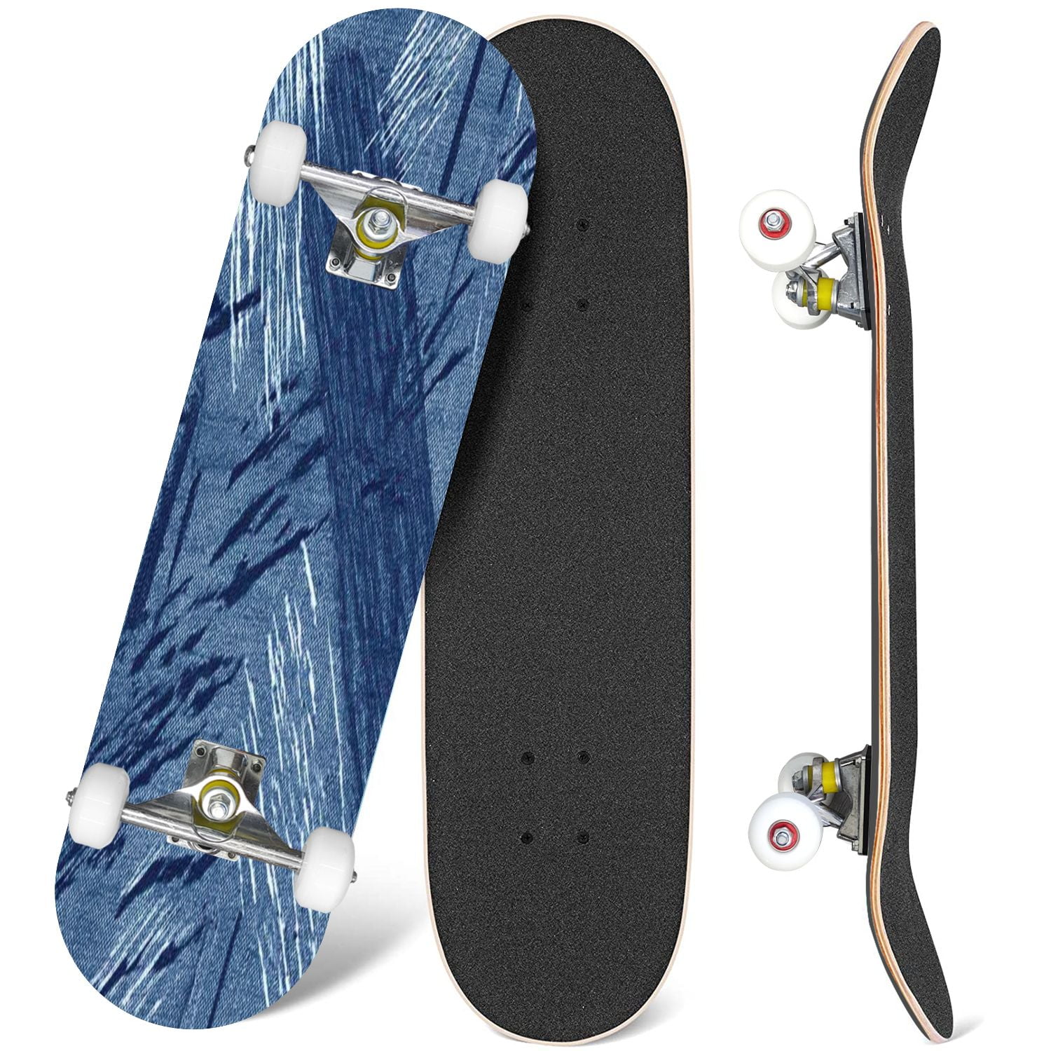 31'' Complete Skateboard 7 Layer Canadian Maple Beginner Skateboard Denim Paint Brush Strokes ...