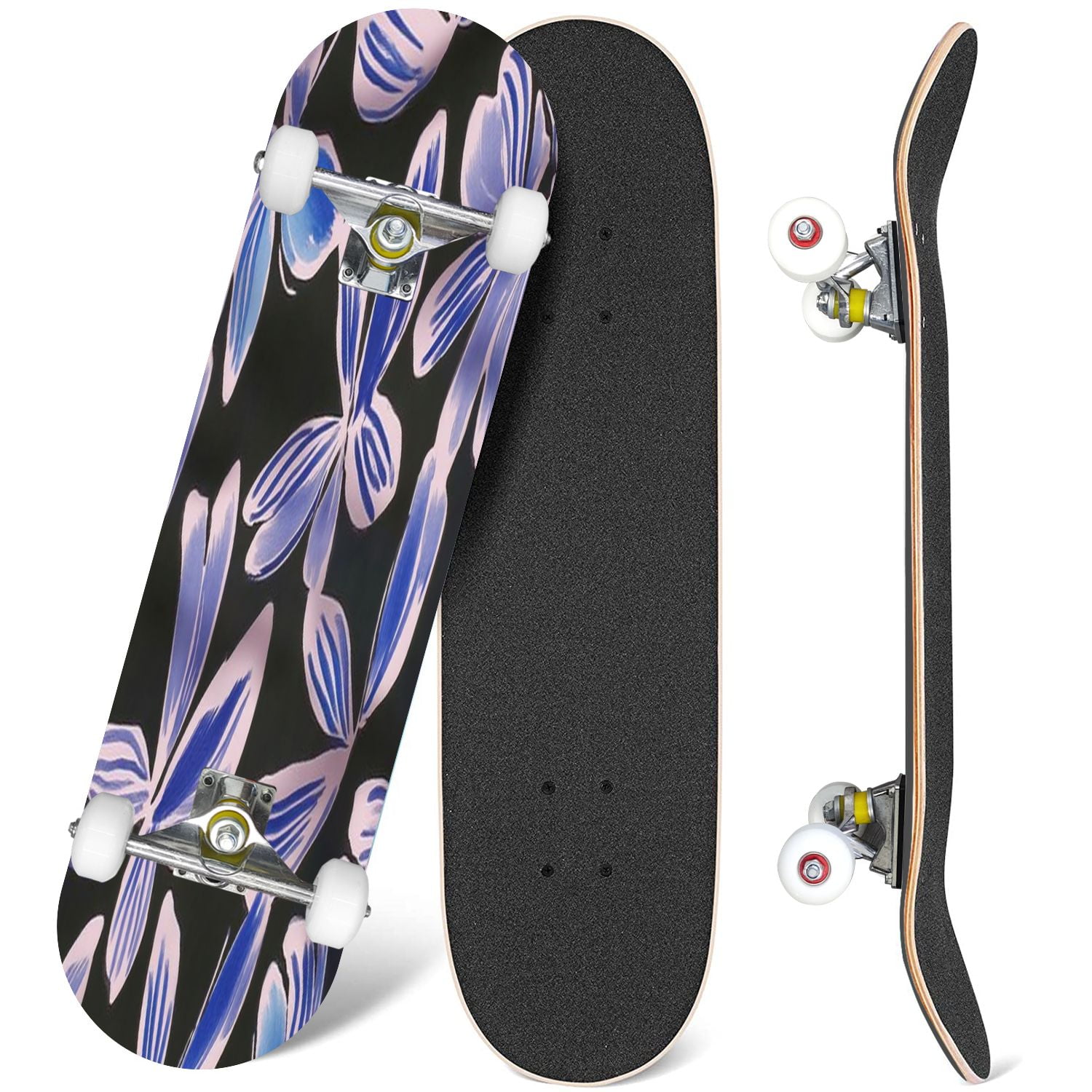 31'' Complete Skateboard 7 Layer Canadian Maple Beginner Skateboard Pink Navy Floral brush ...