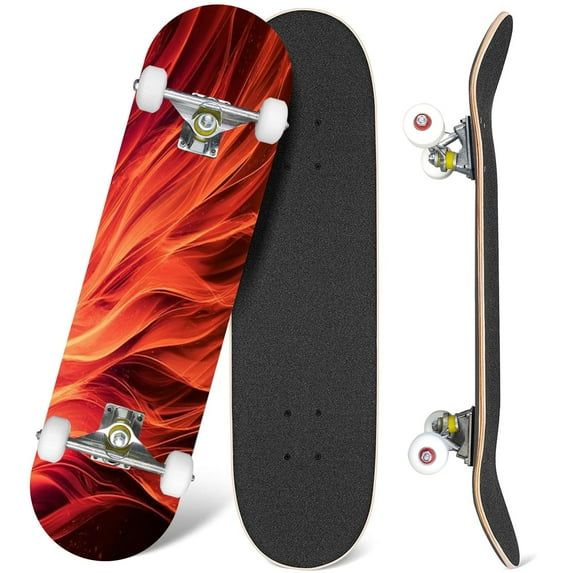 31'' Complete Skateboard 7 Layer Canadian Maple Double Kick Deck Skateboards abstract fire flame ...