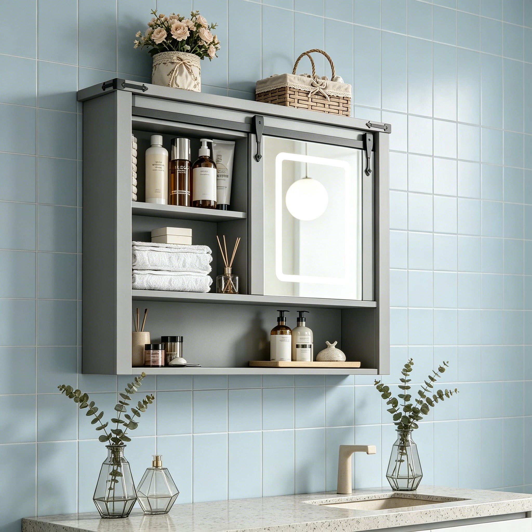 31" Farmhouse Bathroom Wall Cabinet, Medicine Cabinet with Mirror, Over ...