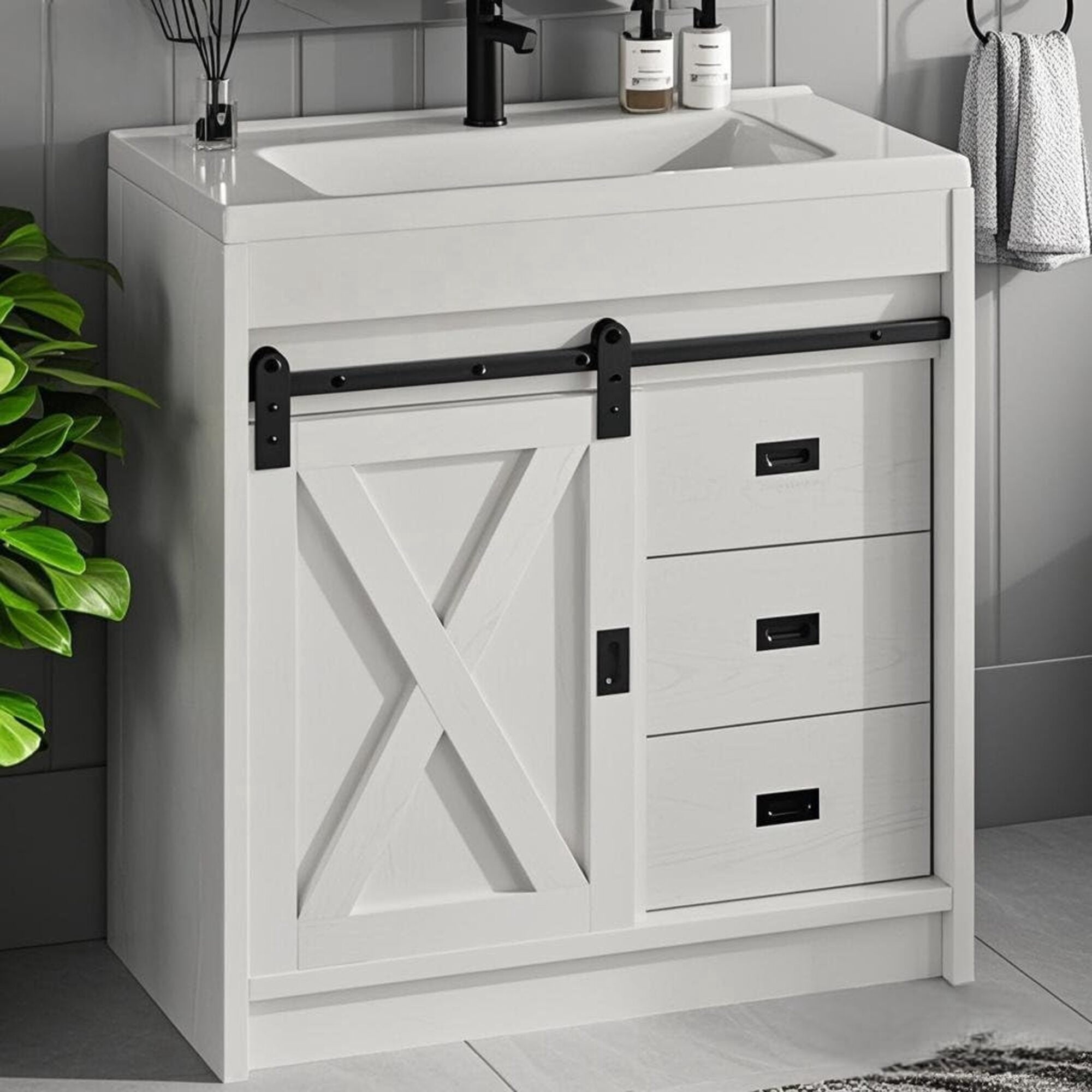 31 Inch Classic White Farmhouse Vanity with Sink, Sliding Barn Door & 2 ...