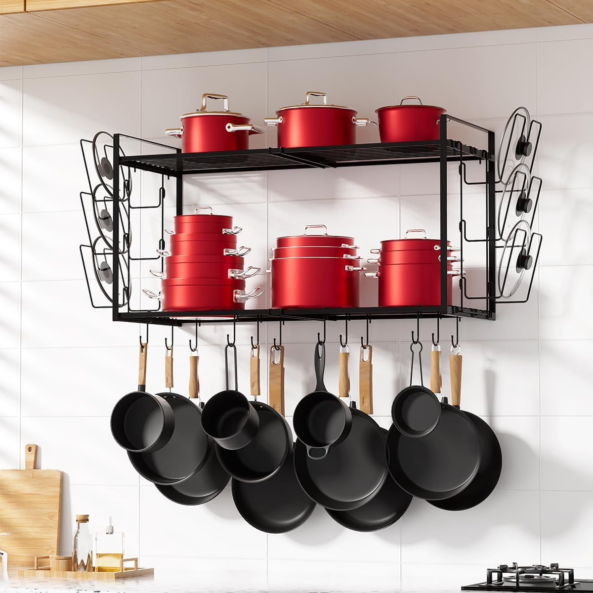 31 Inch Pot Rack Wall Mounted, 2-Tier Hanging Pots and Pans Organizer ...
