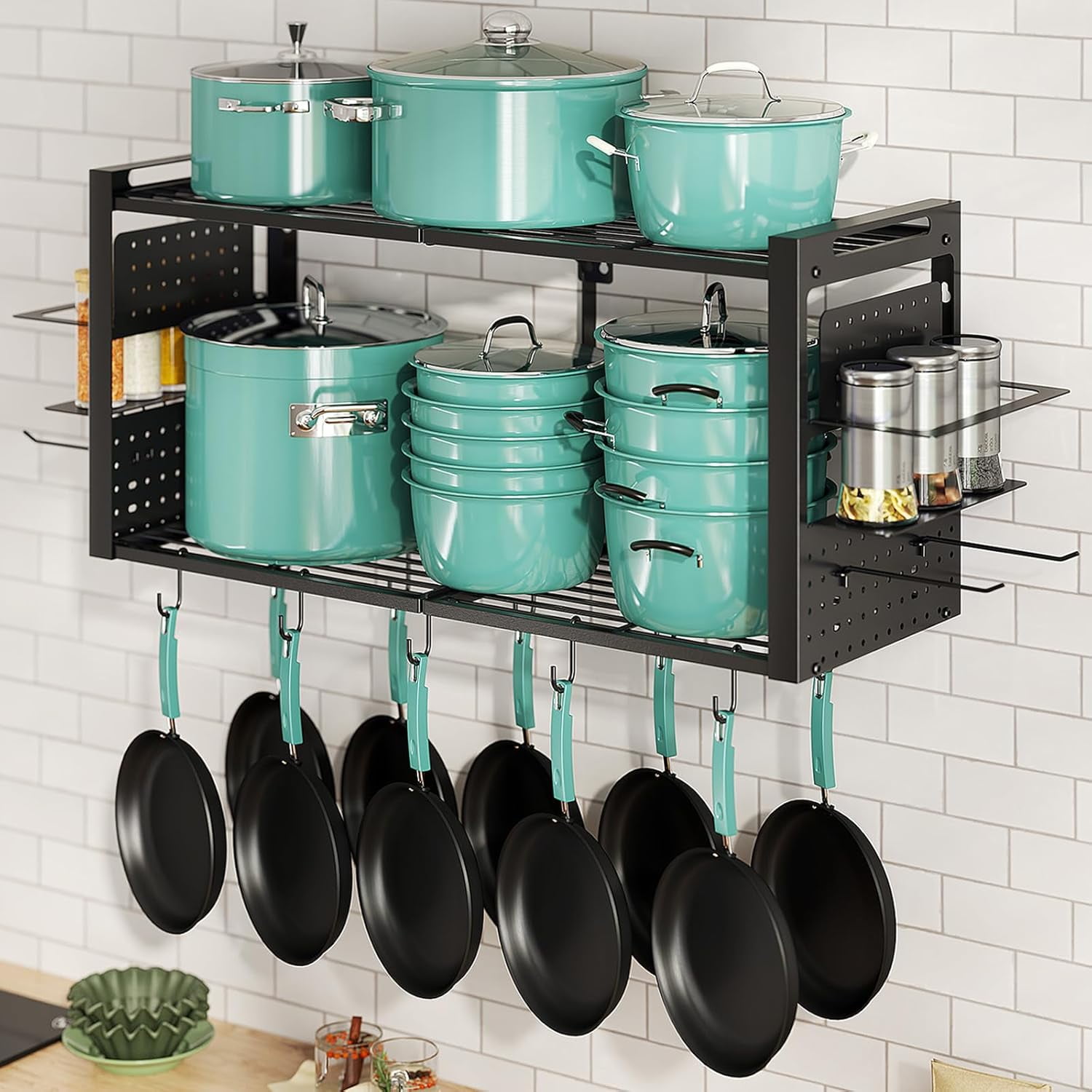 31 Inch Pot Rack Wall Mounted, 2-Tier Pots and Pans Organizer with 20 ...