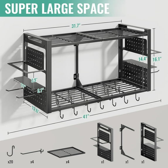 31 Inch Pot Rack Wall Mounted, 2-Tier Pots and Pans Organizer with 20 ...