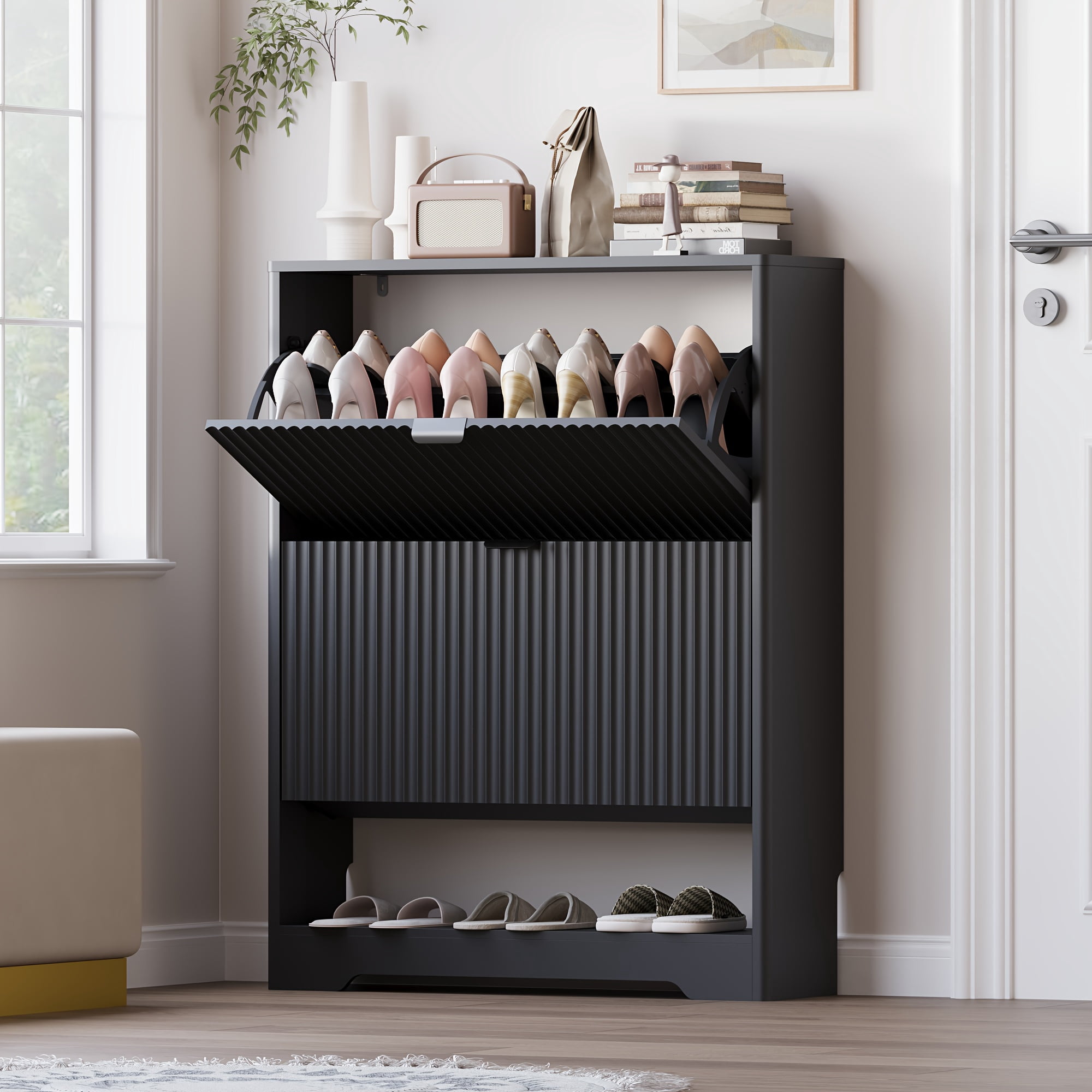 31-Inch Slim Wooden Shoe Cabinet with Two Flip-Down Doors and Top Shelf ...