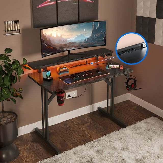 31 Inch Small Gaming Desk with Power Outlets & LED Lights, Computer ...