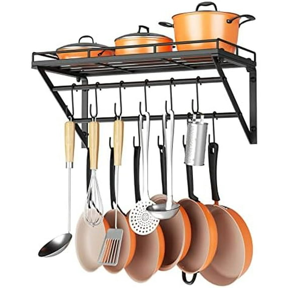 31 Inch Wall Mounted Pot Rack Storage Shelf with 2 Tier Hanging Rails ...