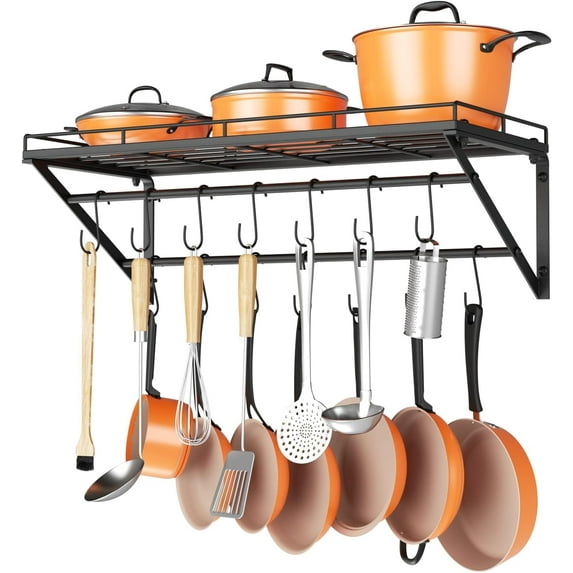 31 Inch Wall Mounted Pot Rack Storage Shelf with 2 Tier Hanging Rails ...