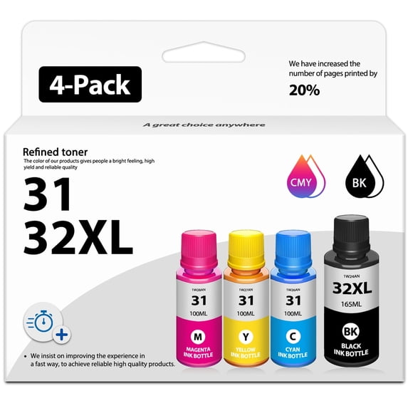 ALUMUINK 31 32XL Ink Bottle Set, Black Cyan Magenta Yellow, for HP ...