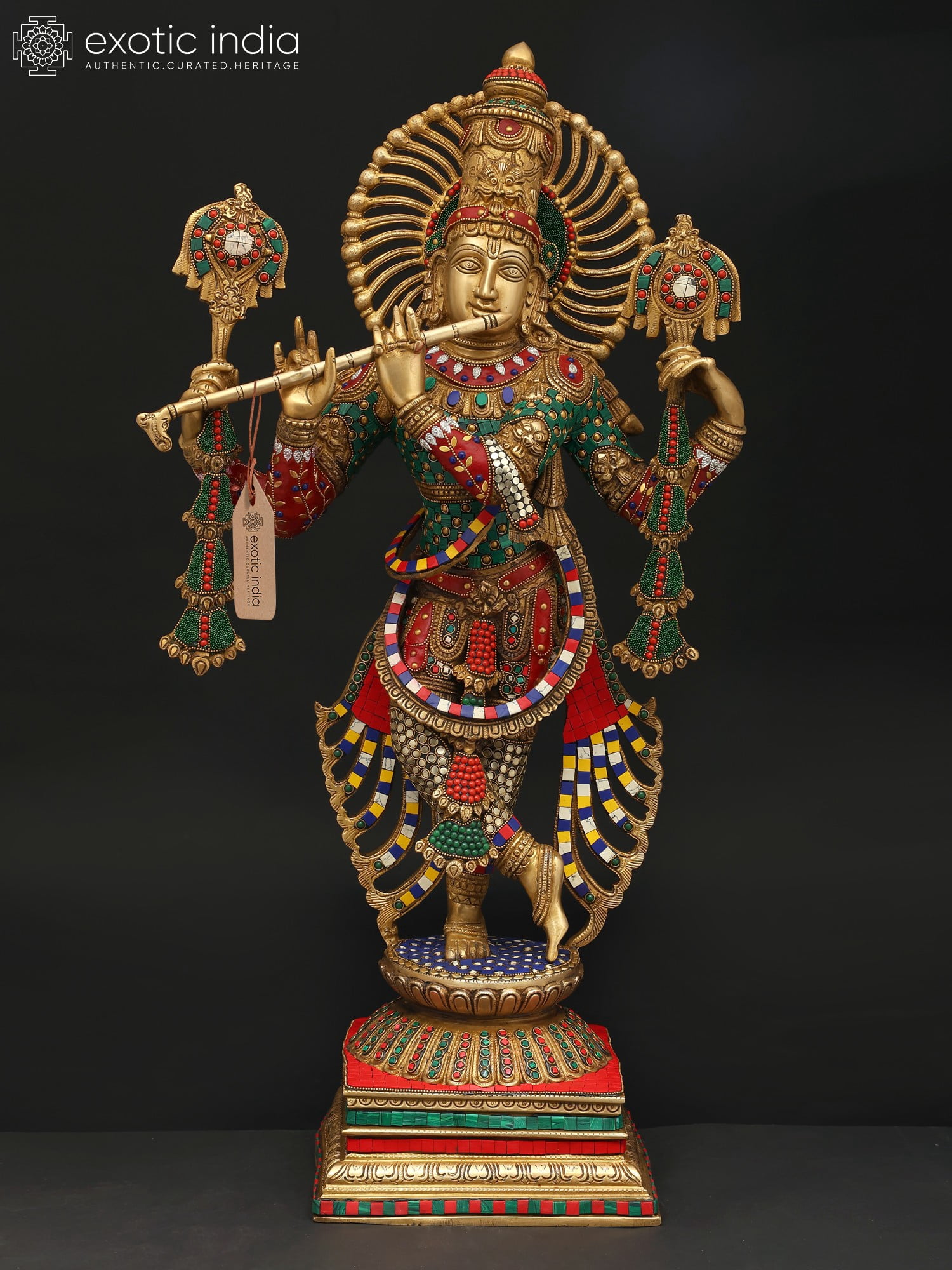 31" Large Four Armed Fluting Lord Krishna | Brass Statue with Inaly ...