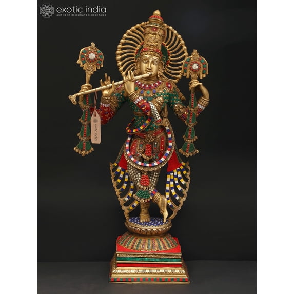 31" Large Four Armed Fluting Lord Krishna | Brass Statue with Inaly ...
