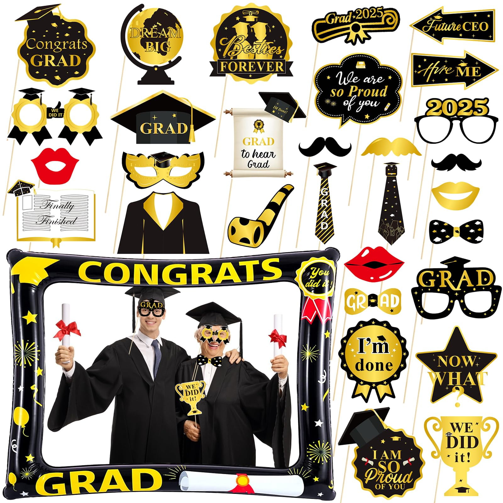 31 Pack Graduation Photo KEF16 Booth Props 2025, Black and Gold ...