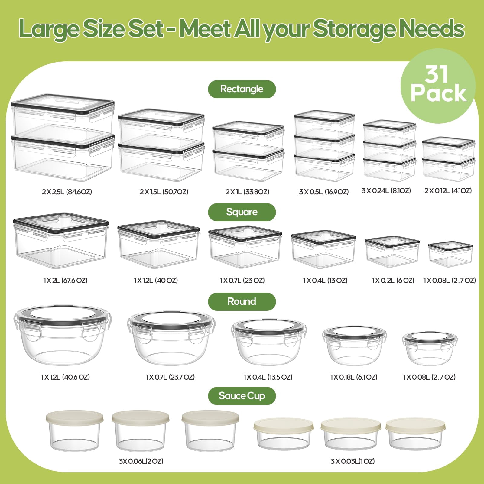 31 Pack Plastic Food Storage Containers with Airtight Lids Meal Prep ...