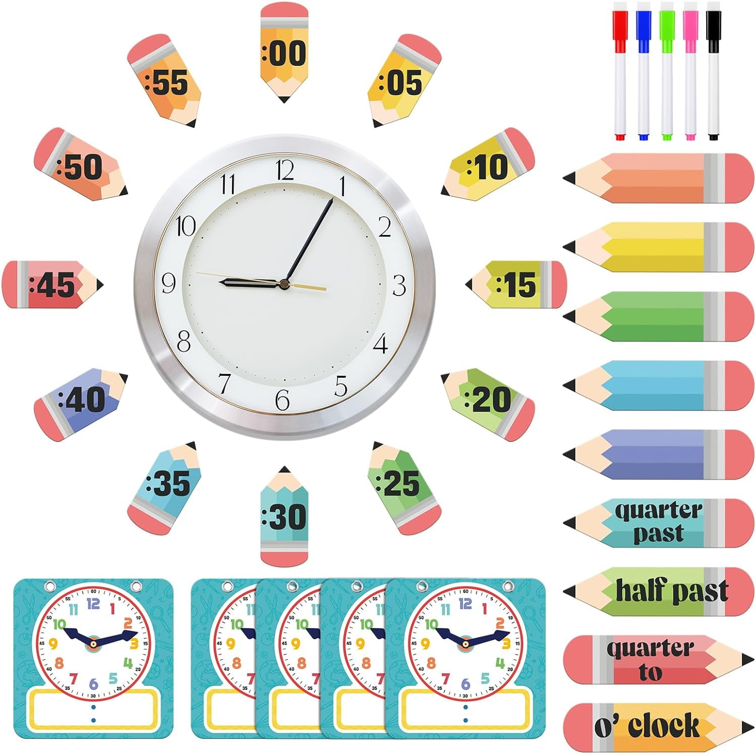 31 Pcs Telling Time Bulletin Board Analog Clock Practice Writable Dry ...