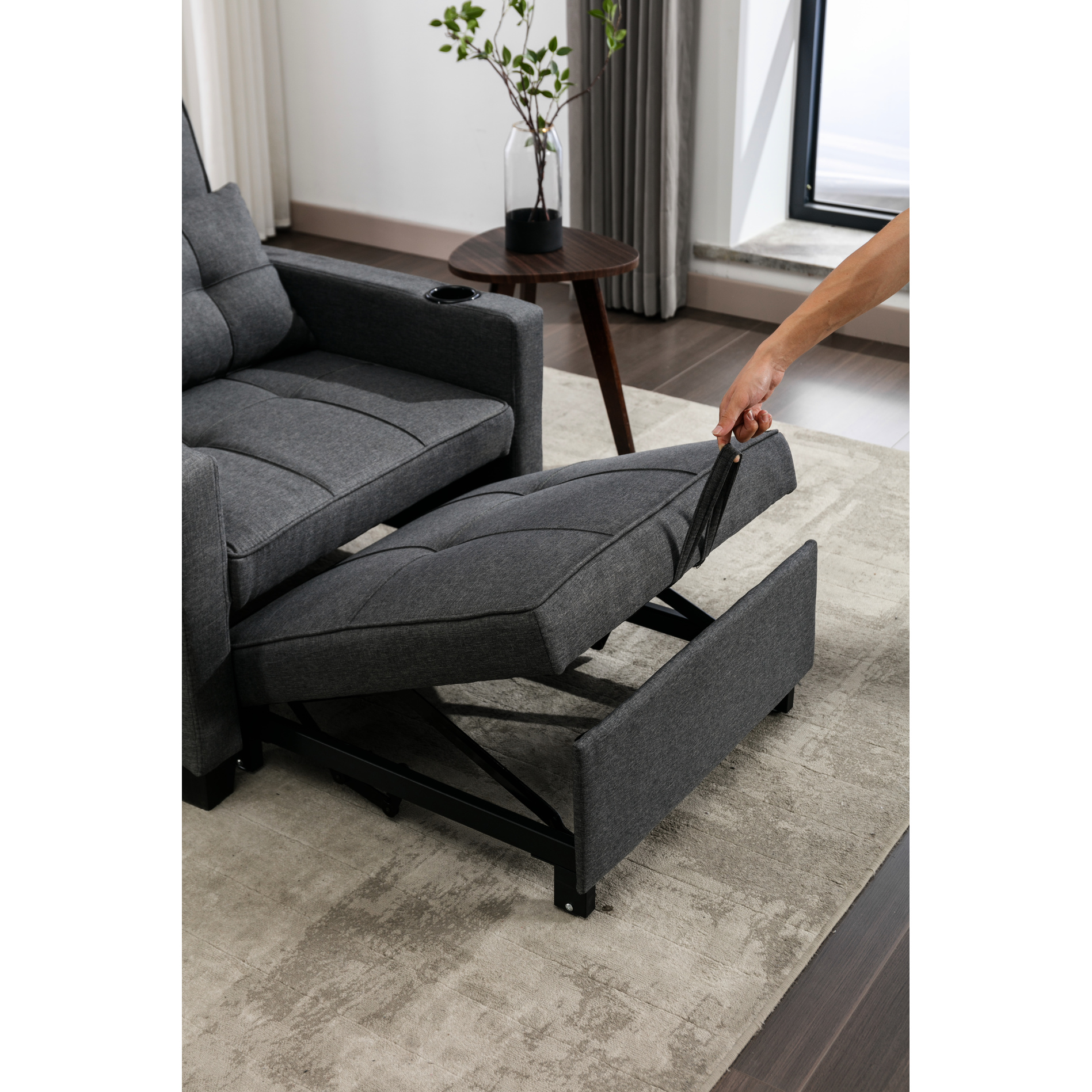 31 Pull Out Chair Bed With Cup Holders, Adjustable , Dark Grey Linen ...