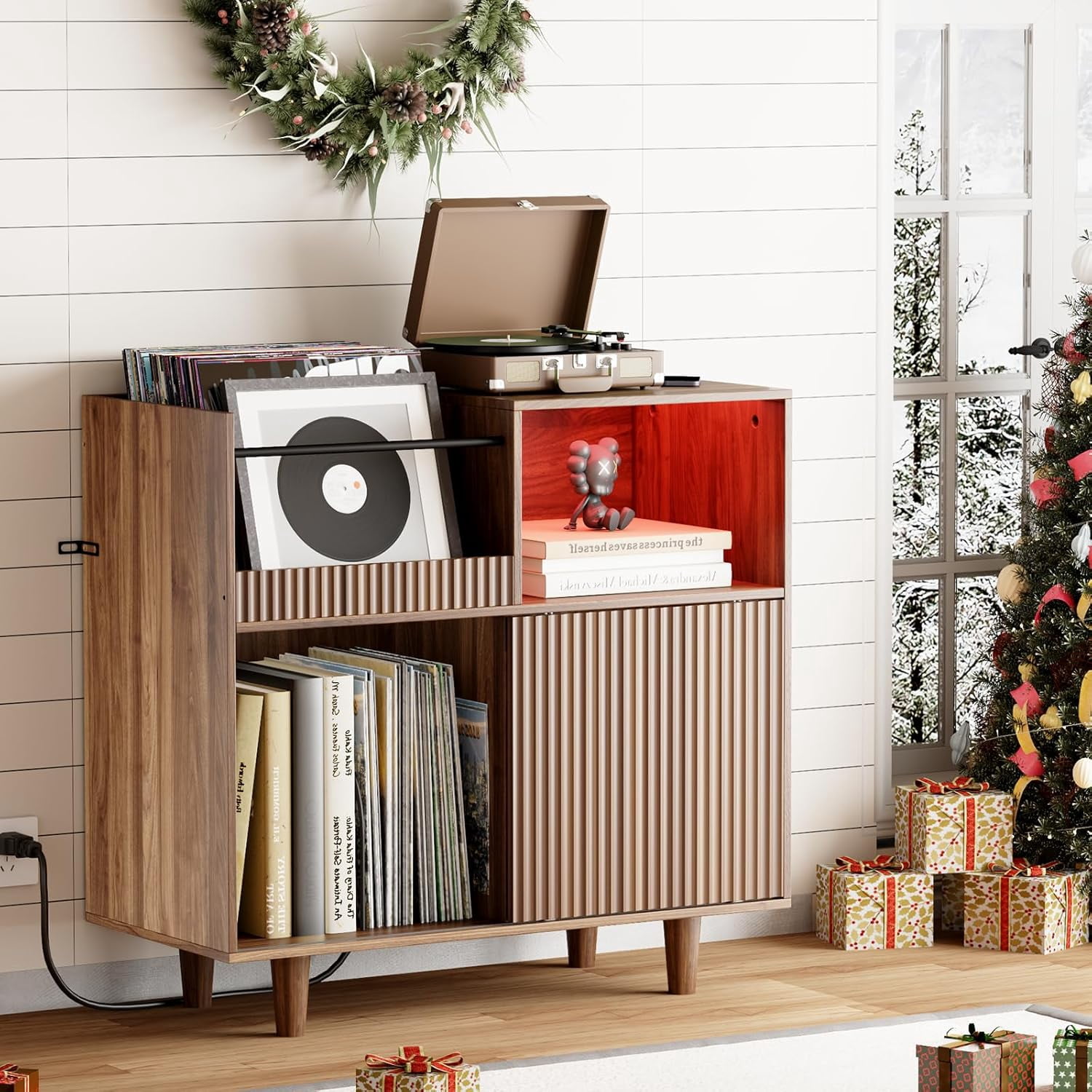 31" Record Player Stand with Power Outlets & LED Lights, Record Player ...