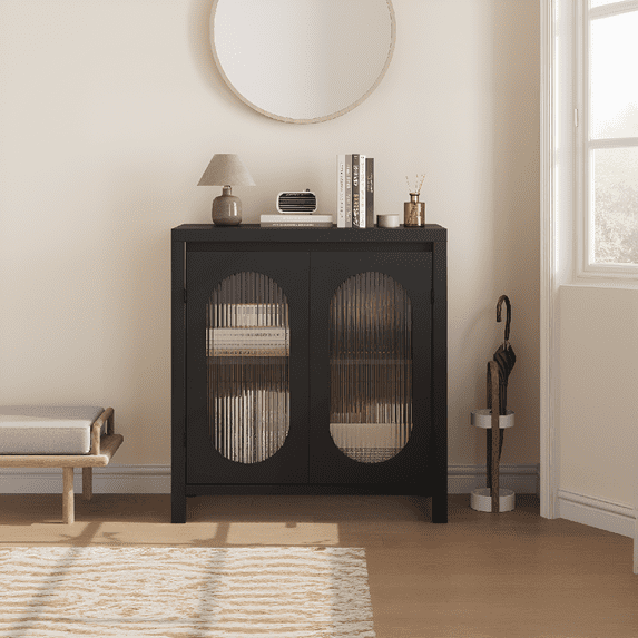 31" Small Buffet Cabinet with Glass Doors & Adjustable Shelf | Compact ...