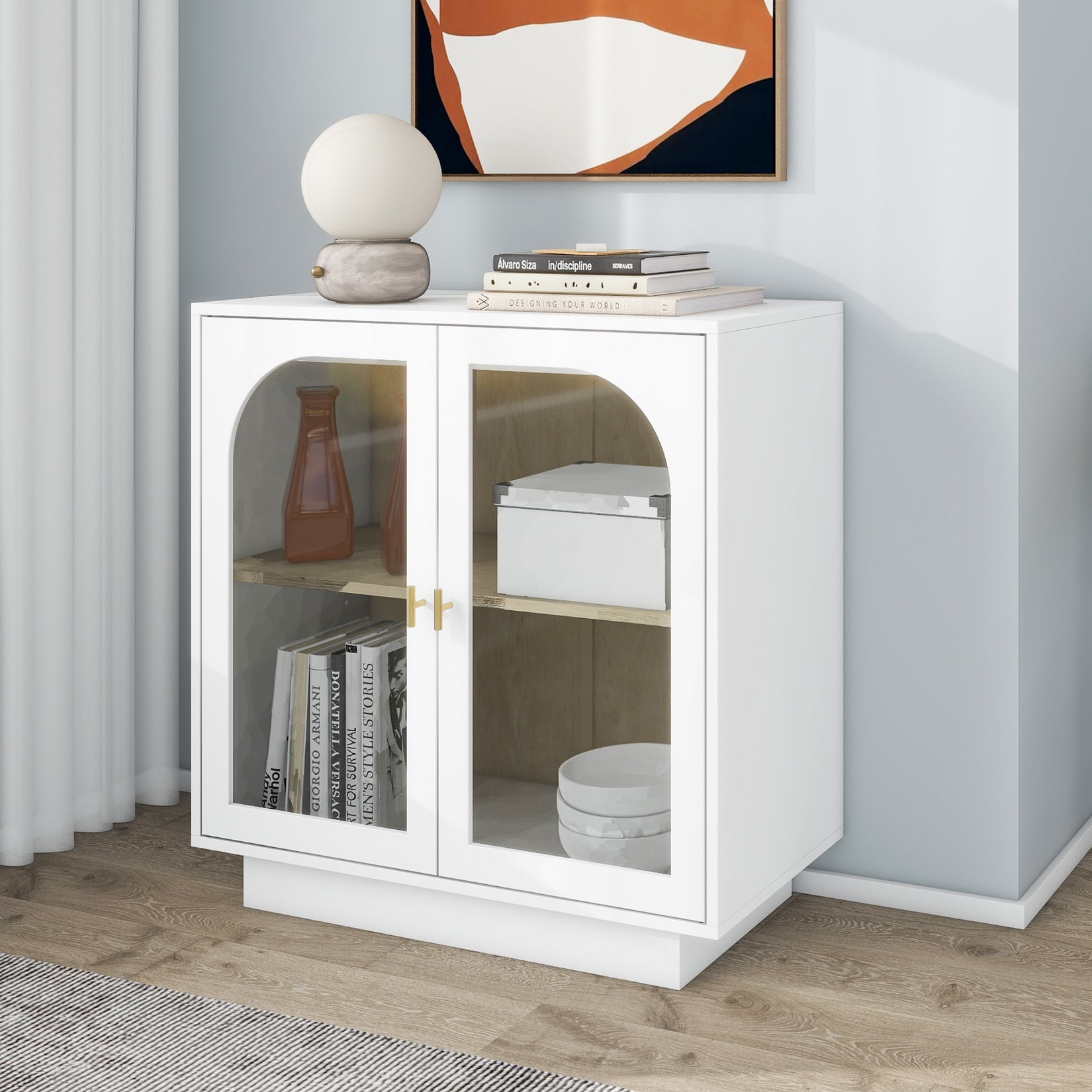 31" Storage Cabinet, Wooden Buffet Sideboard with Glass Door and ...