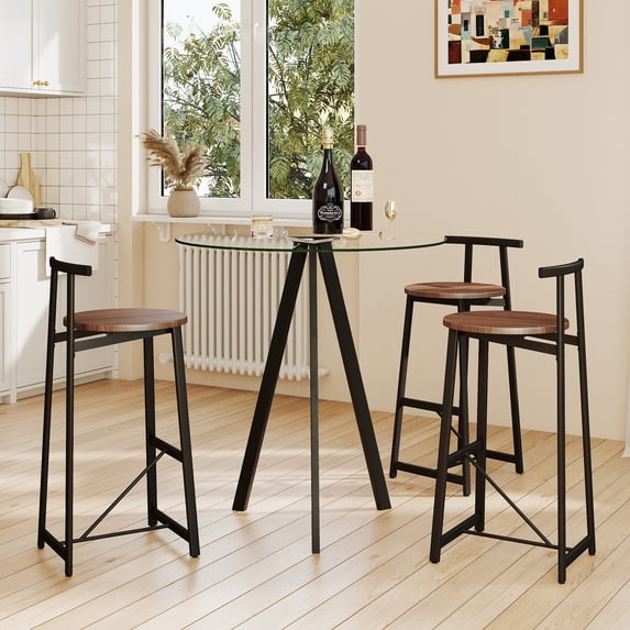 31" Tempered Glass Bar Table Set, Triangle-Leg Kitchen Island 3 Stools ...