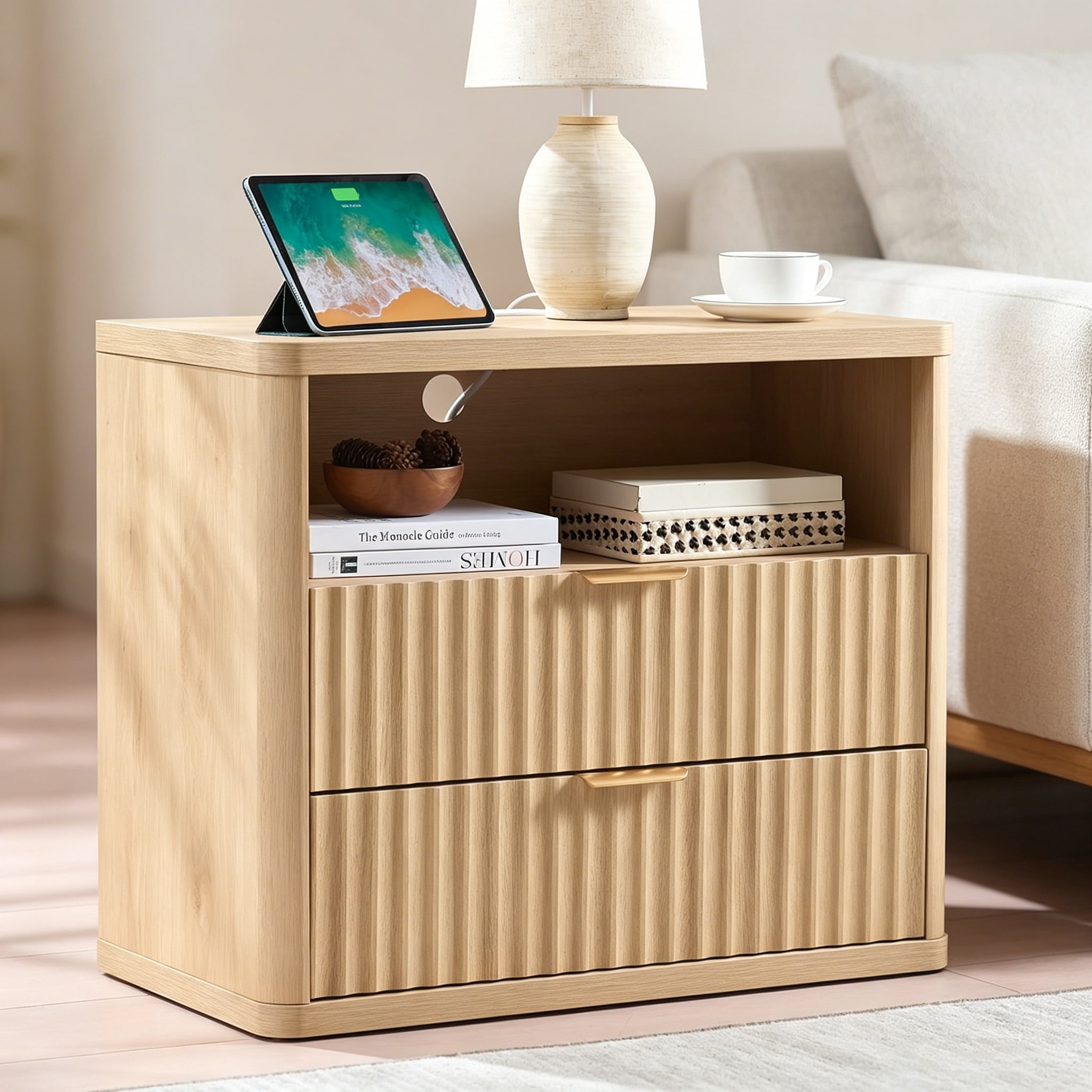31" Wide Fluted Nightstand with Charging Station, Oversized Extra Large ...