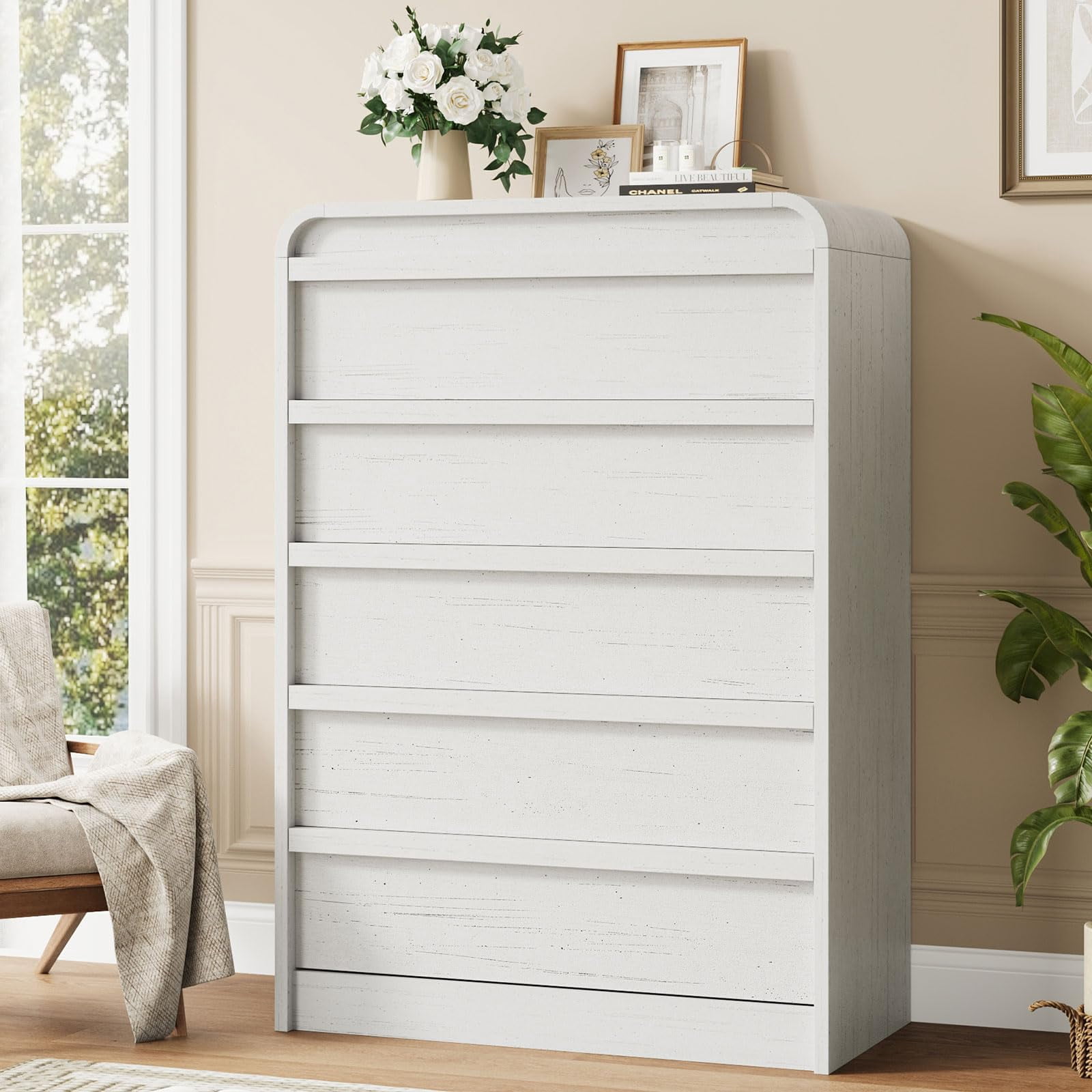 31'' Wide Nightstand for Bedroom, Wooden Bedside Table with Curved ...