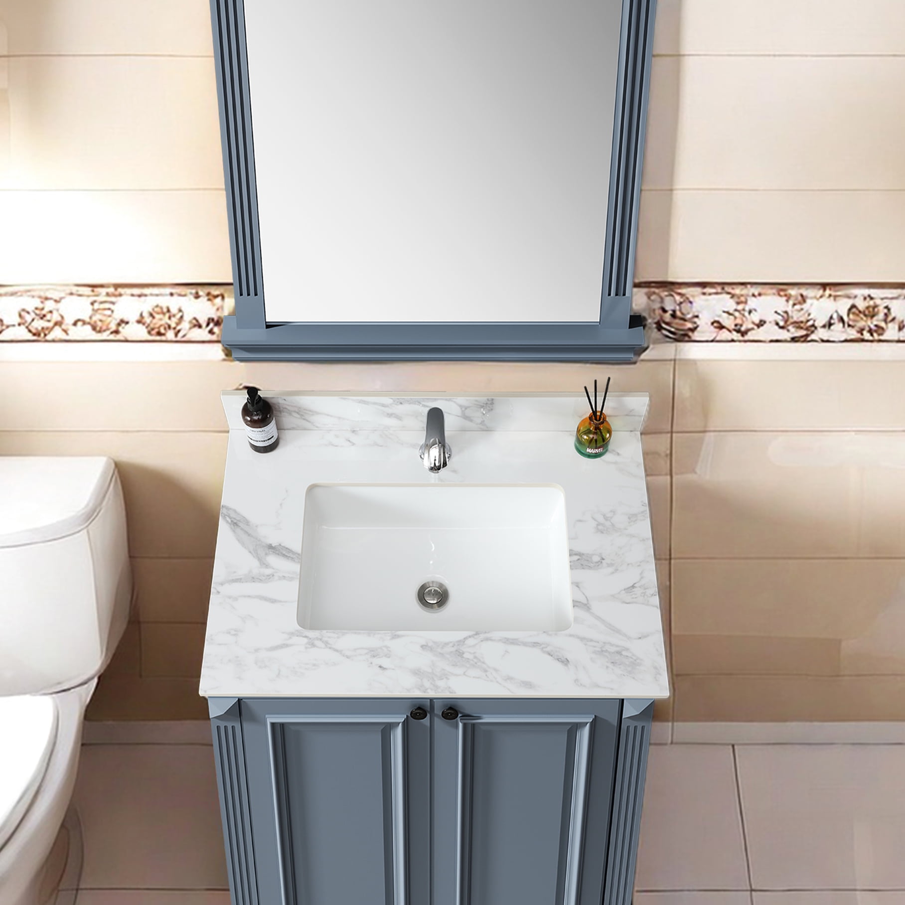 31"x22" Sintered Stone Bathroom Vanity - White Ceramic Sink With ...