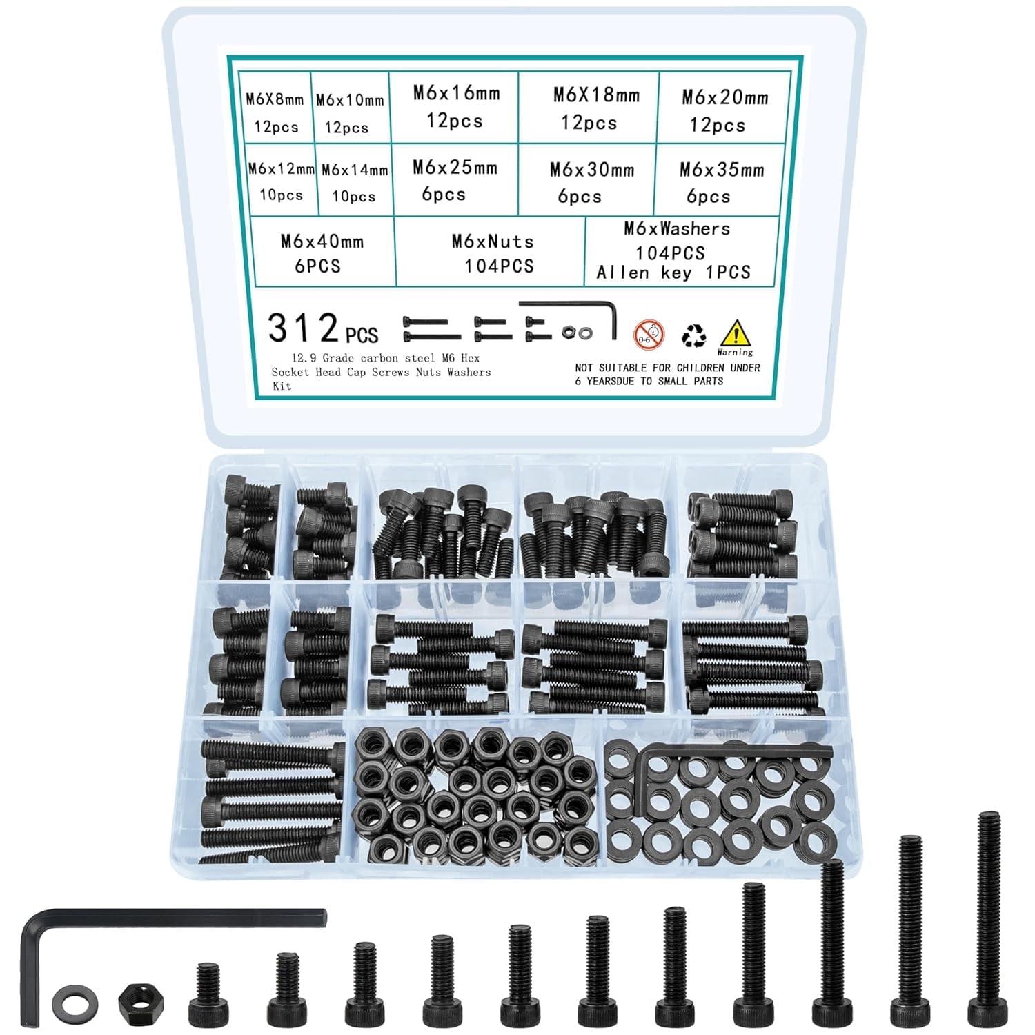 312 Pcs M6 Screws and Nuts, Assorted Metric Bolts and Nuts Assortment ...