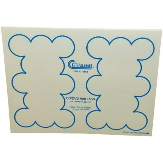 312862 White CD/DVD Hub Labels for Laser and Inkjet Printers, 1.33 inch ...