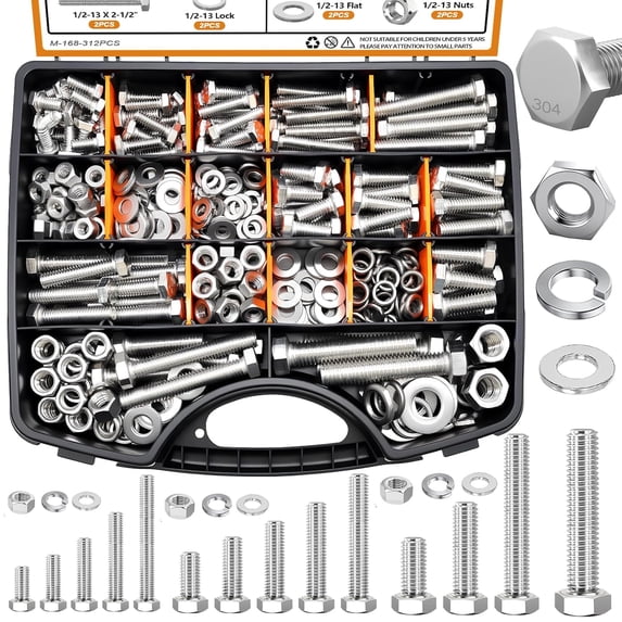 312PCS Hex Bolts and Nuts Assortment Kit,4 Sizes (1/4-20,5/16-18,3/8-16 ...